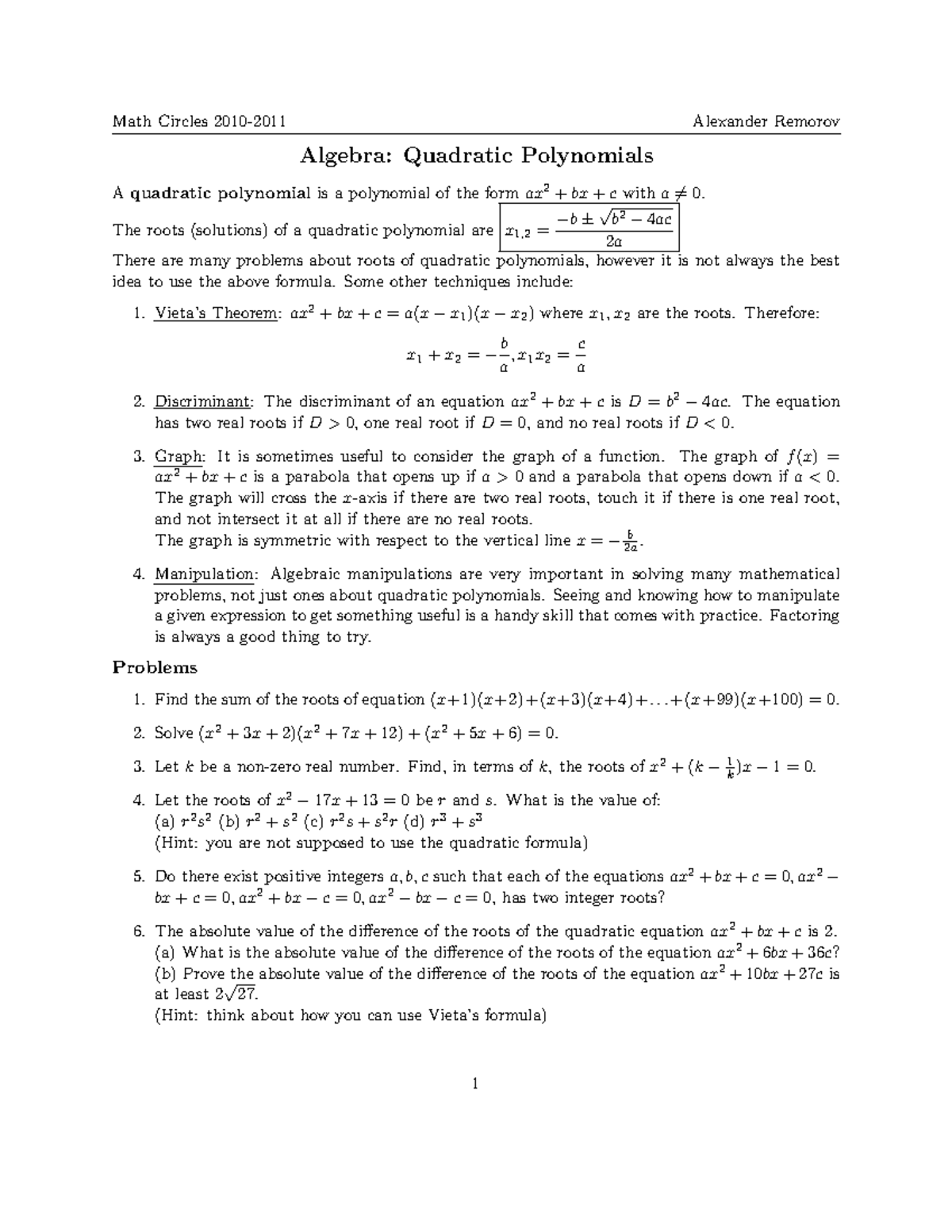 Algebra 1: Quadratic Polynomials Notes (Mc) - Studocu