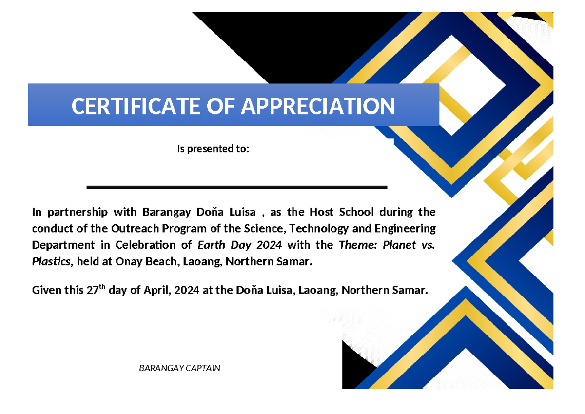 Certificate of Participation Coordinator - CERTIFICATE OF APPRECIATION ...