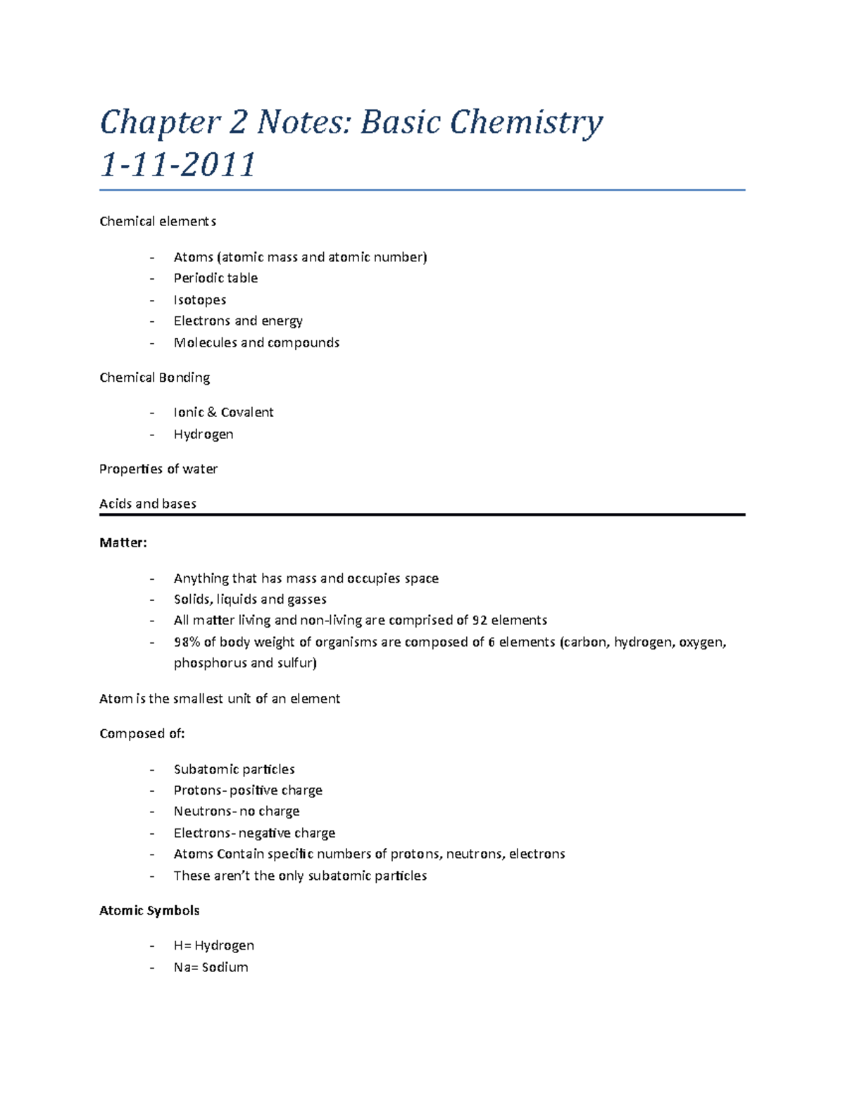 Bio. 1000 Ch. 2 Notes - Chapter 2 Notes: Basic Chemistry 1-11-2011 ...