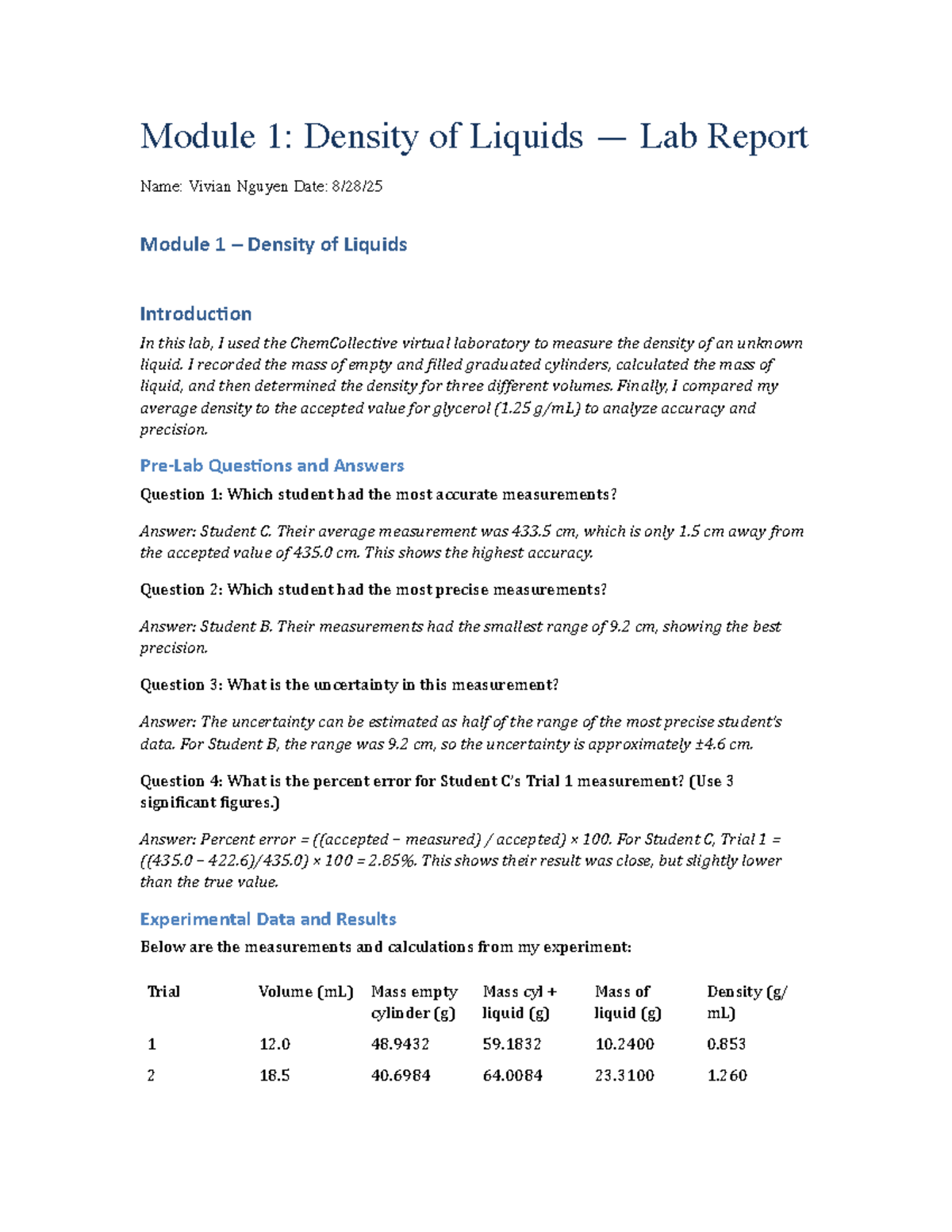 Module 1: Density of Liquids Lab Report by Vivian Nguyen - Studocu