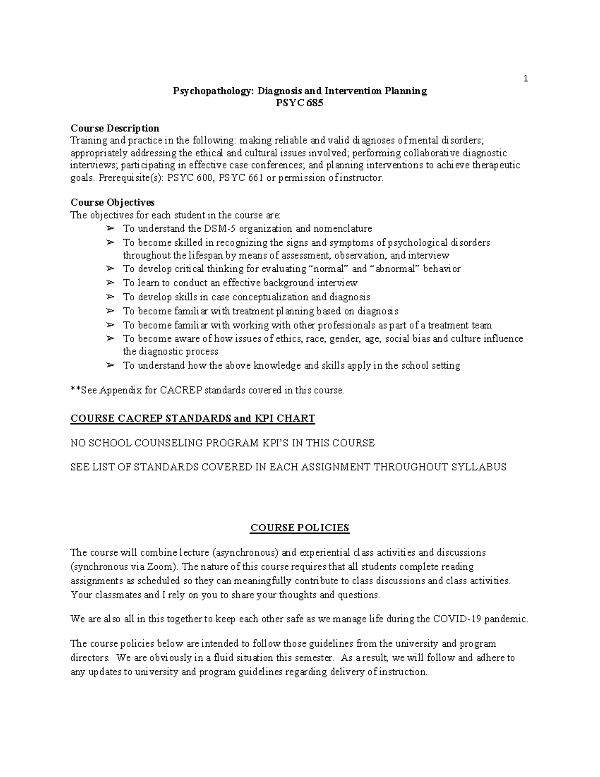 Psychopathology Diagnosis & Intervention Planning PSYC 685 Syllabus ...