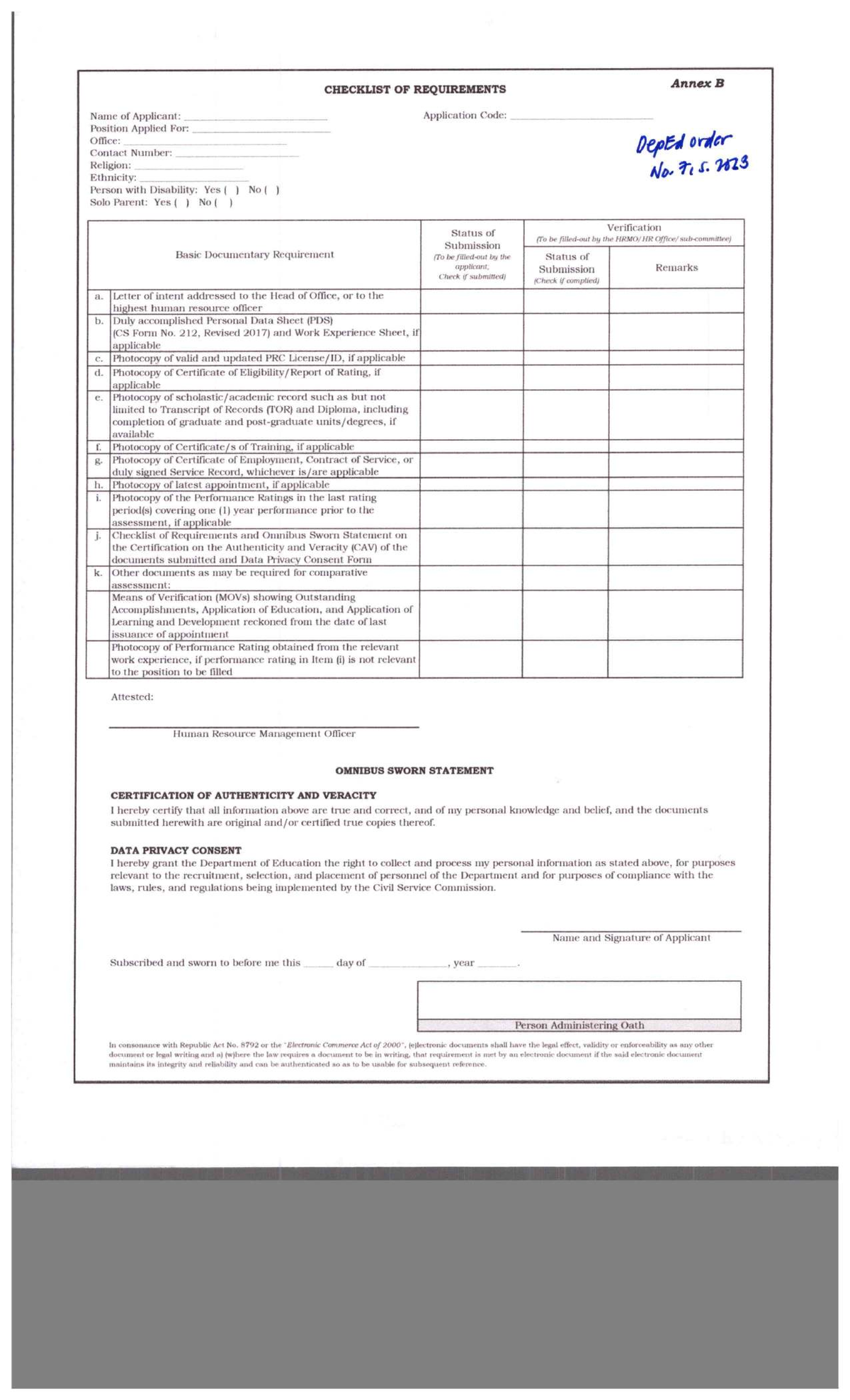 Checklist of Requirements for Application - DepEd Order Submission ...