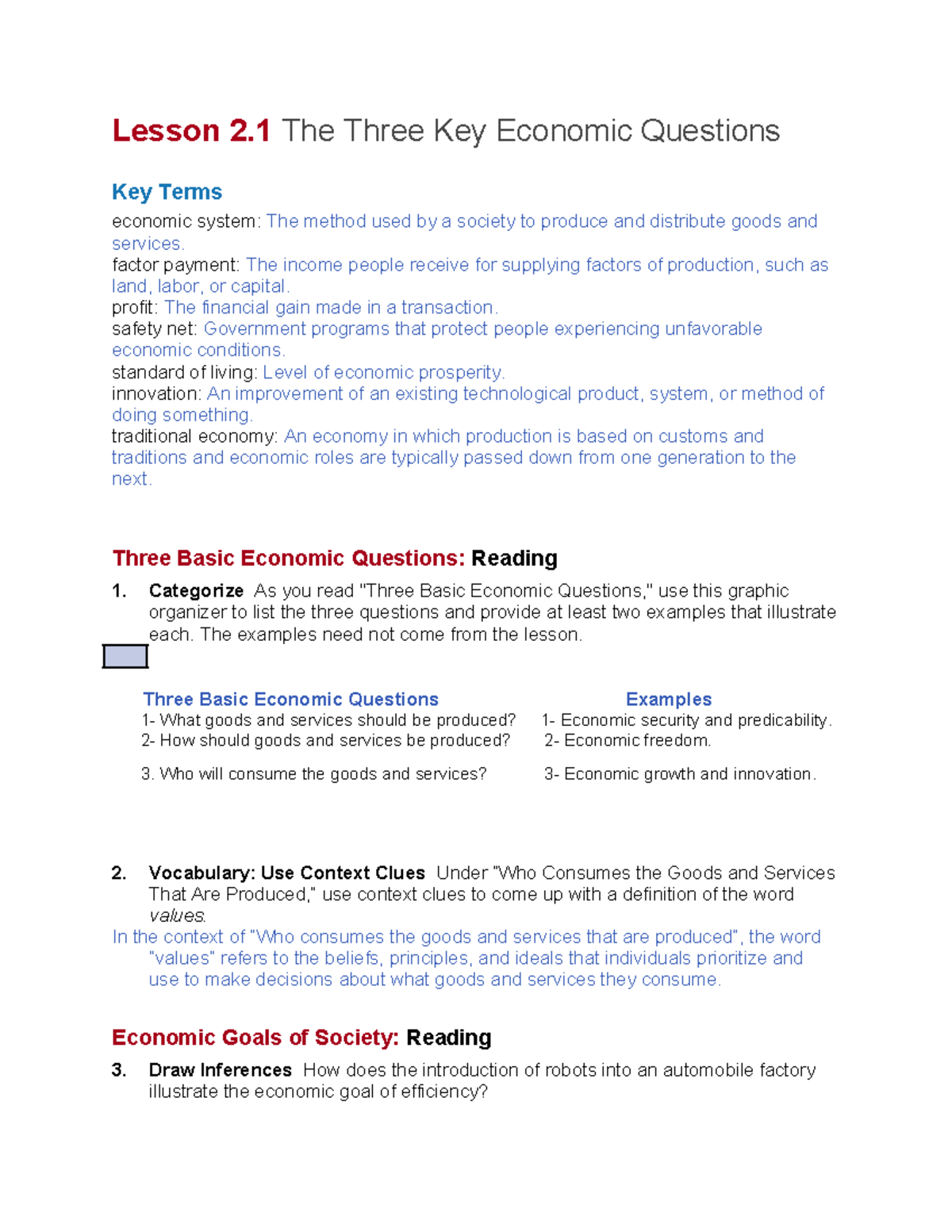 2.1 Lesson on the Three Key Economic Questions and Key Terms - Studocu