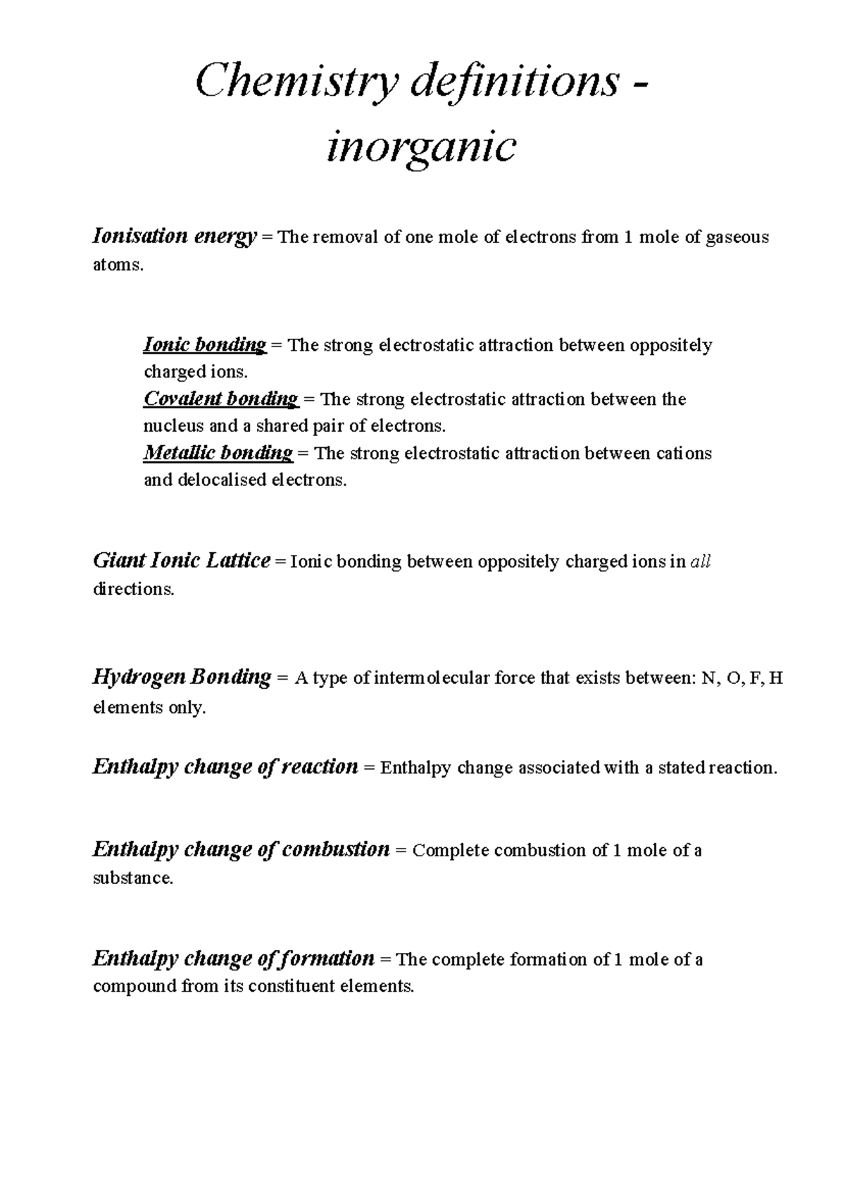 Chemistry Definitions - Inorganic Concepts and Terms - Studocu