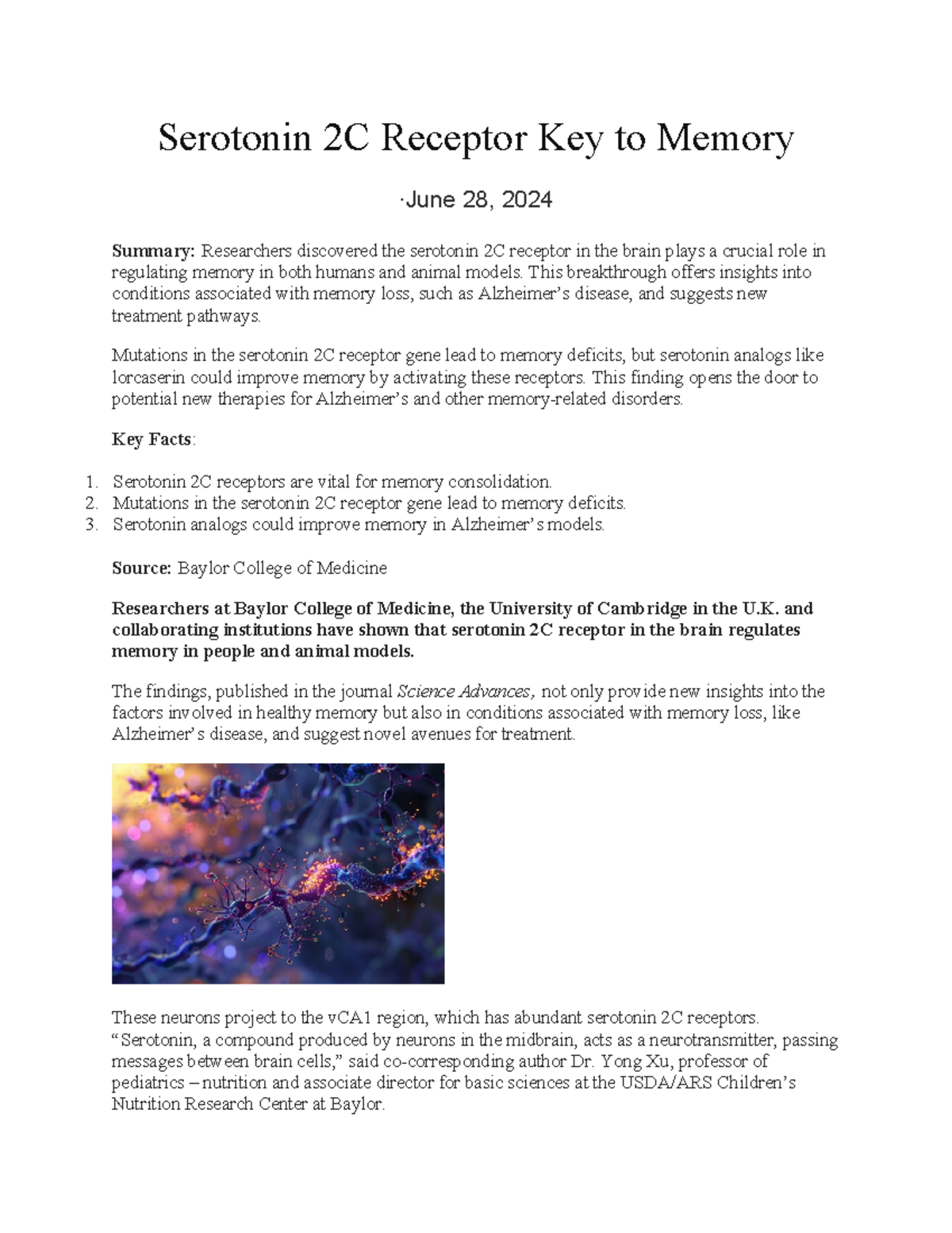 Assign 11 - Serotonin 2C Receptor's Role in Memory Consolidation - Studocu