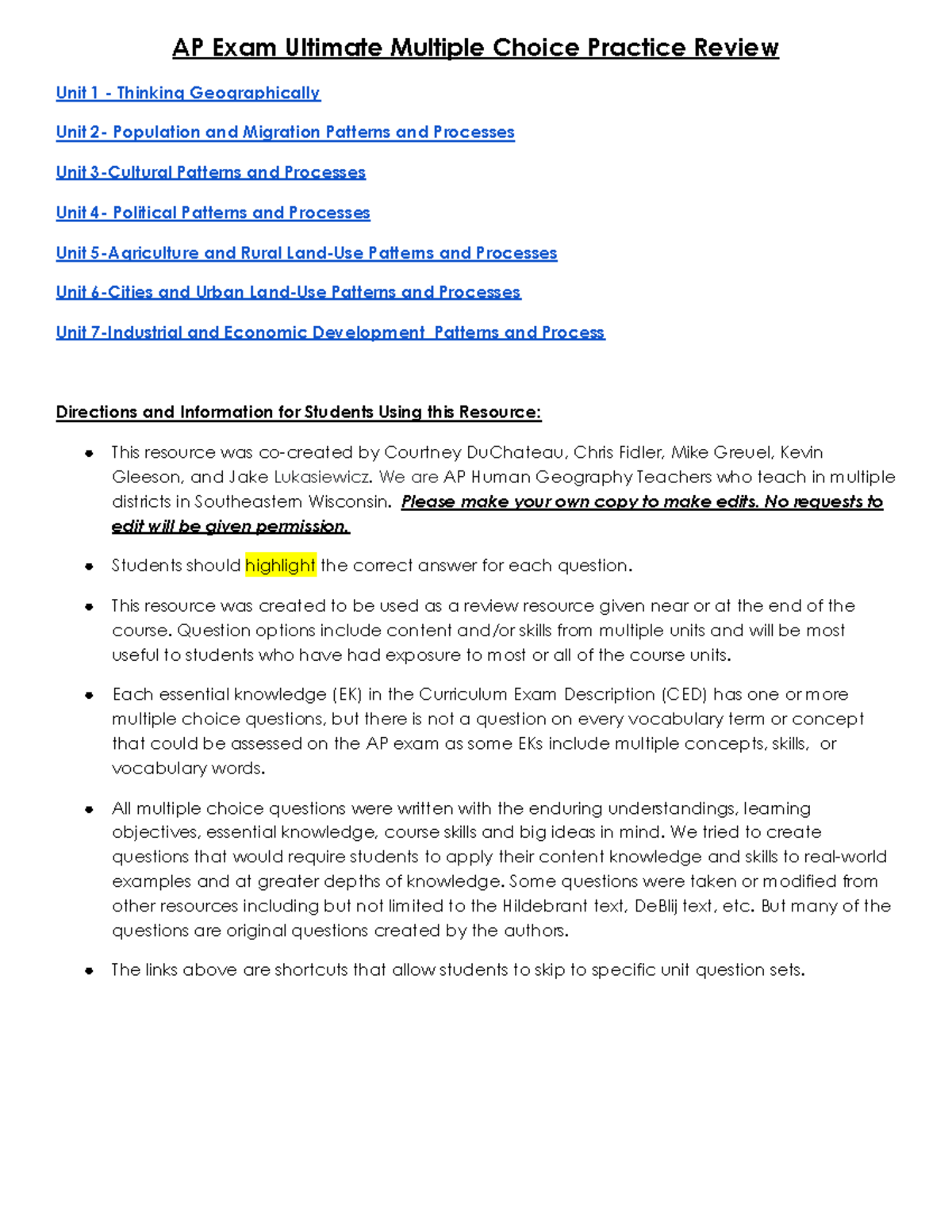 AP Exam Review: Ultimate MCQ Practice for Human Geography (APHG) - Studocu