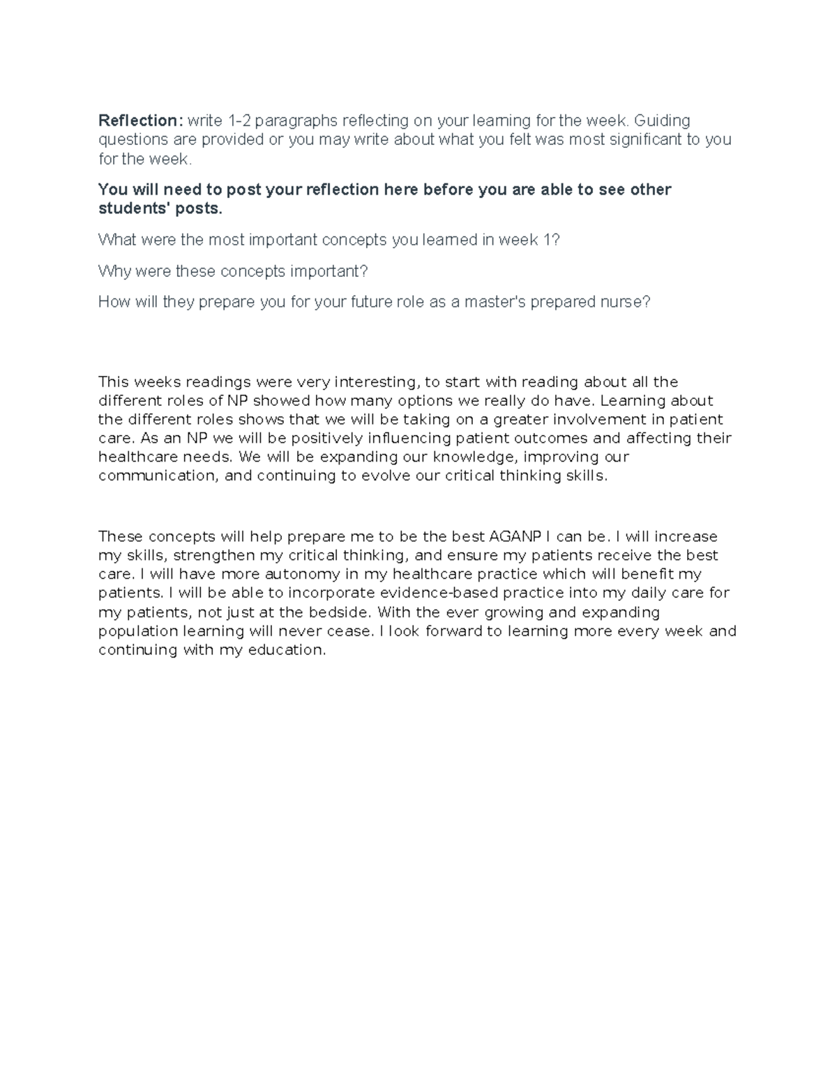 Week 1 Reflection: Key Learnings for Future NPs - Studocu