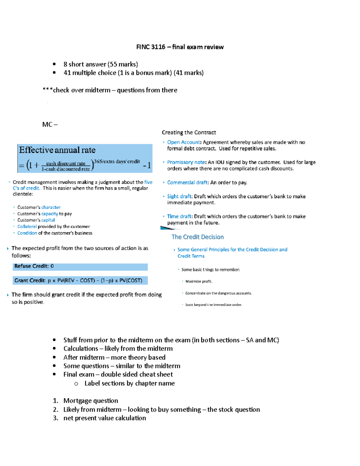 FINC 3116 - final exam review - FINC 3116 – final exam review 8 short ...