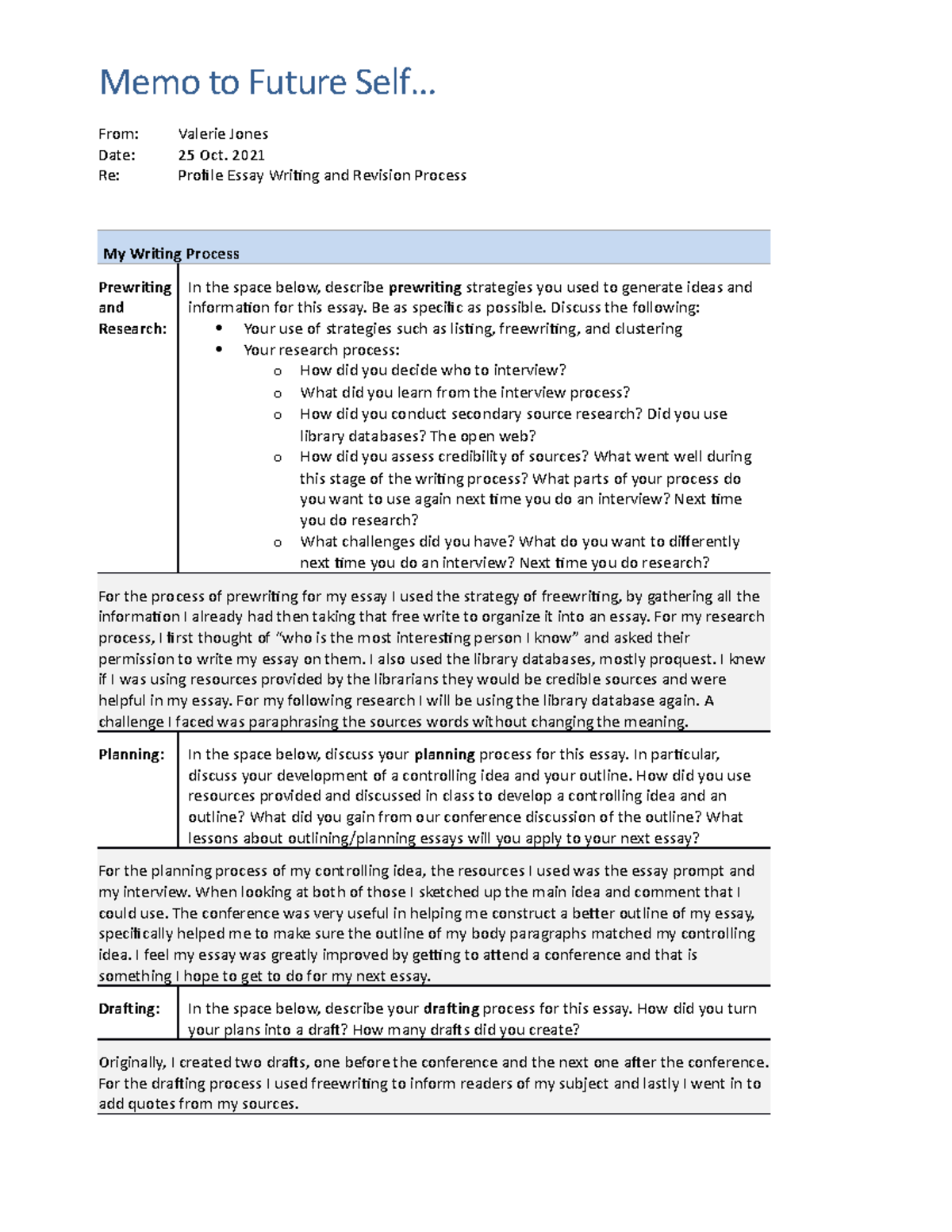 Profile Essay Writing & Revision Plan – Memo by Valerie Jones - Studocu