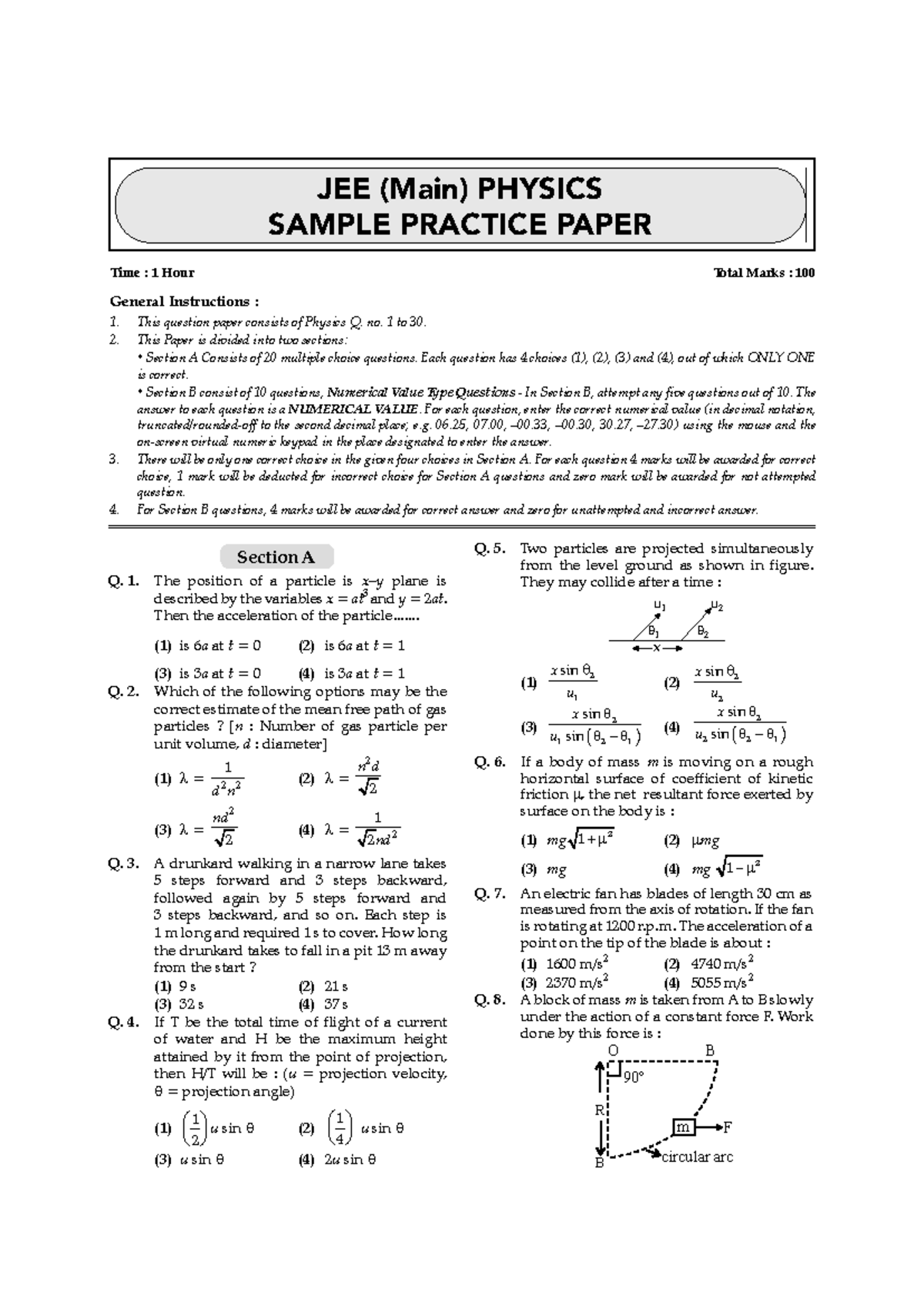 JEE (Main) Physics Sample Practice Paper 1 - Notes - Studocu