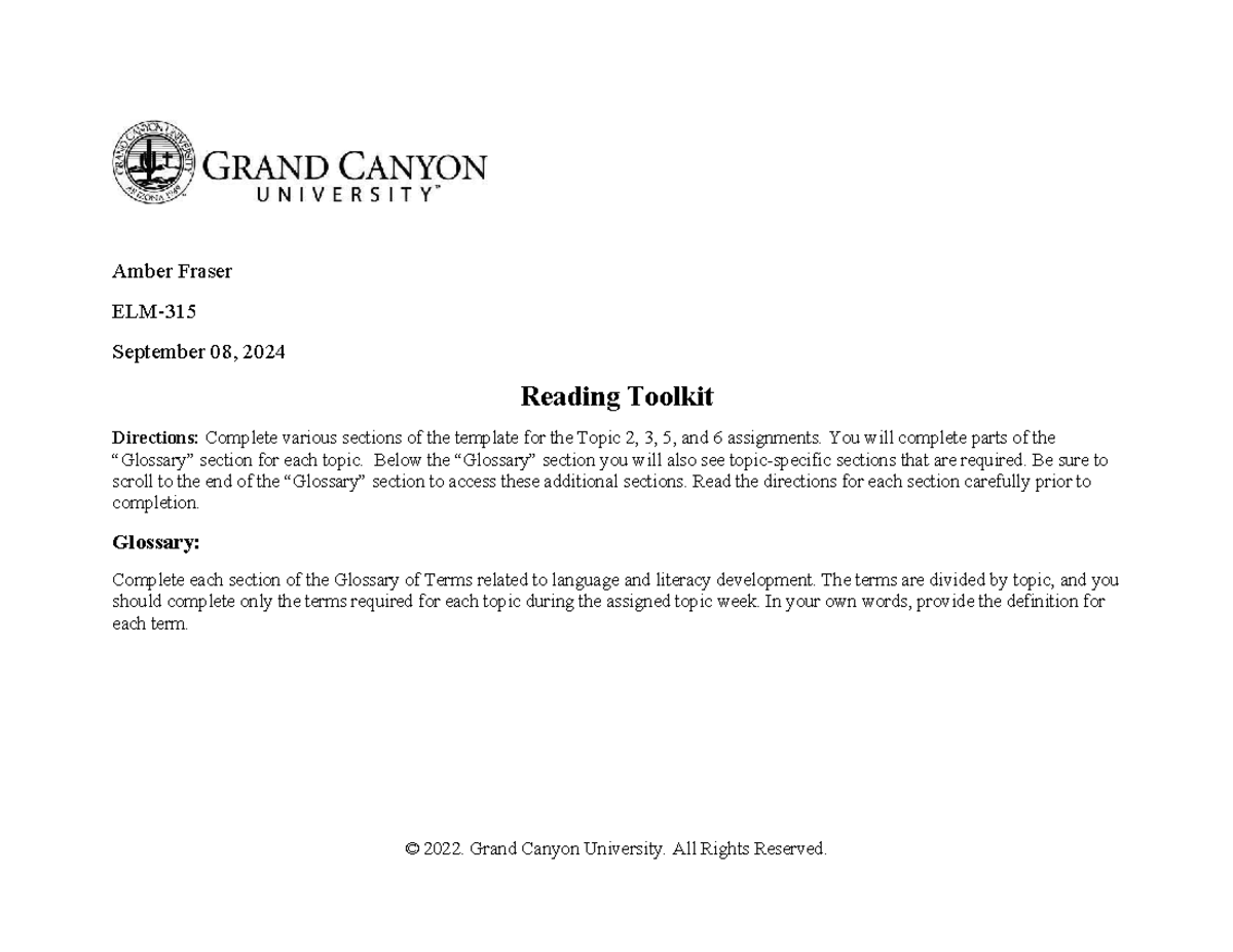 ELM-315 Reading Toolkit: Topic 2, 3, 5, and 6 Assignments Guide - Studocu