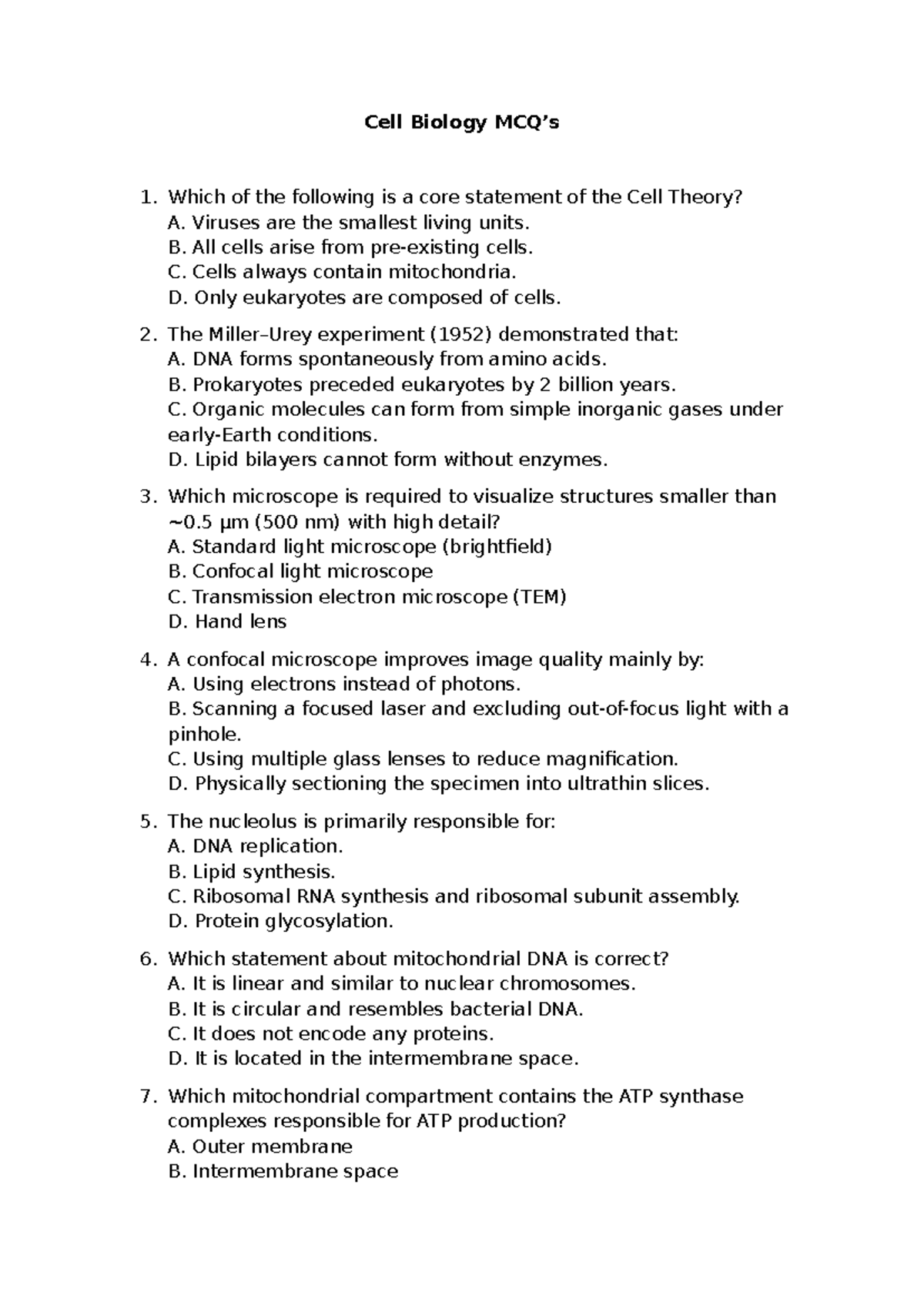 Cell Biology 1: MCQ Review for Final Exam - Studocu