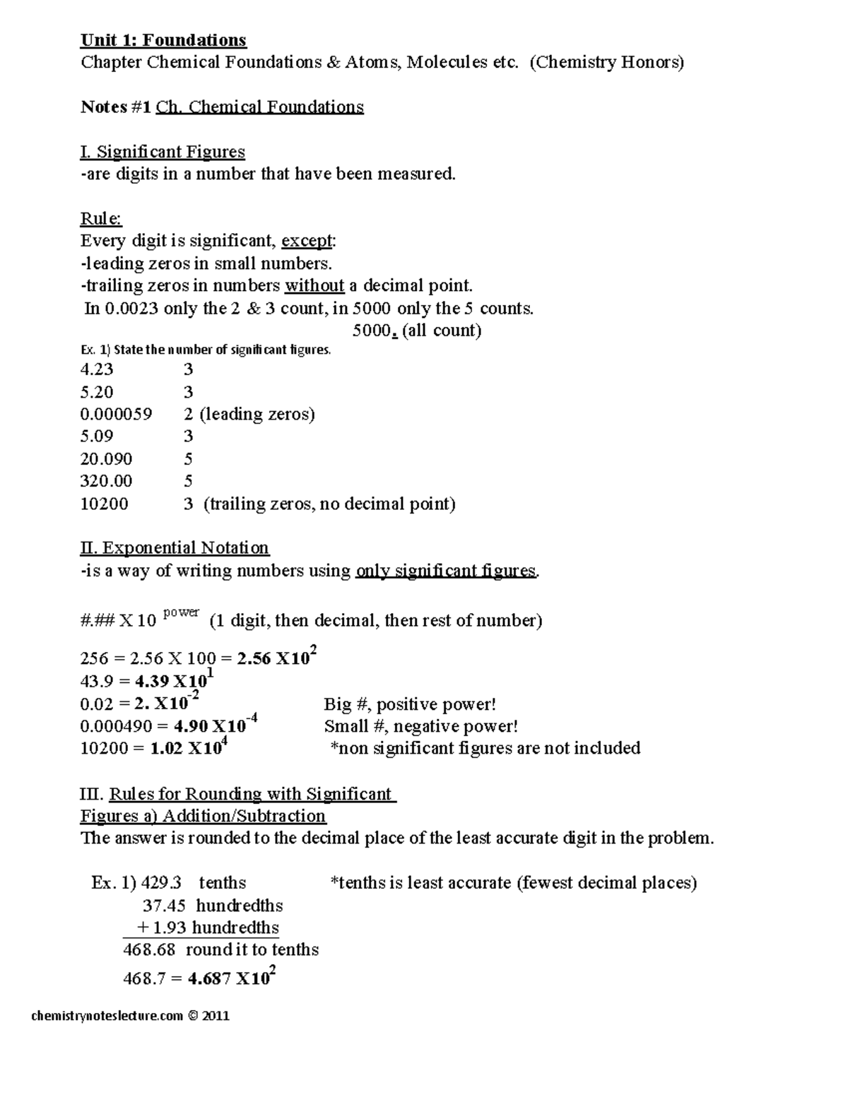 Hc1foundations - Notes - Unit 1: Foundations Chapter Chemical ...
