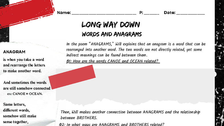 Long Way Down - Worksheet: Exploring Words & Anagrams - Studocu