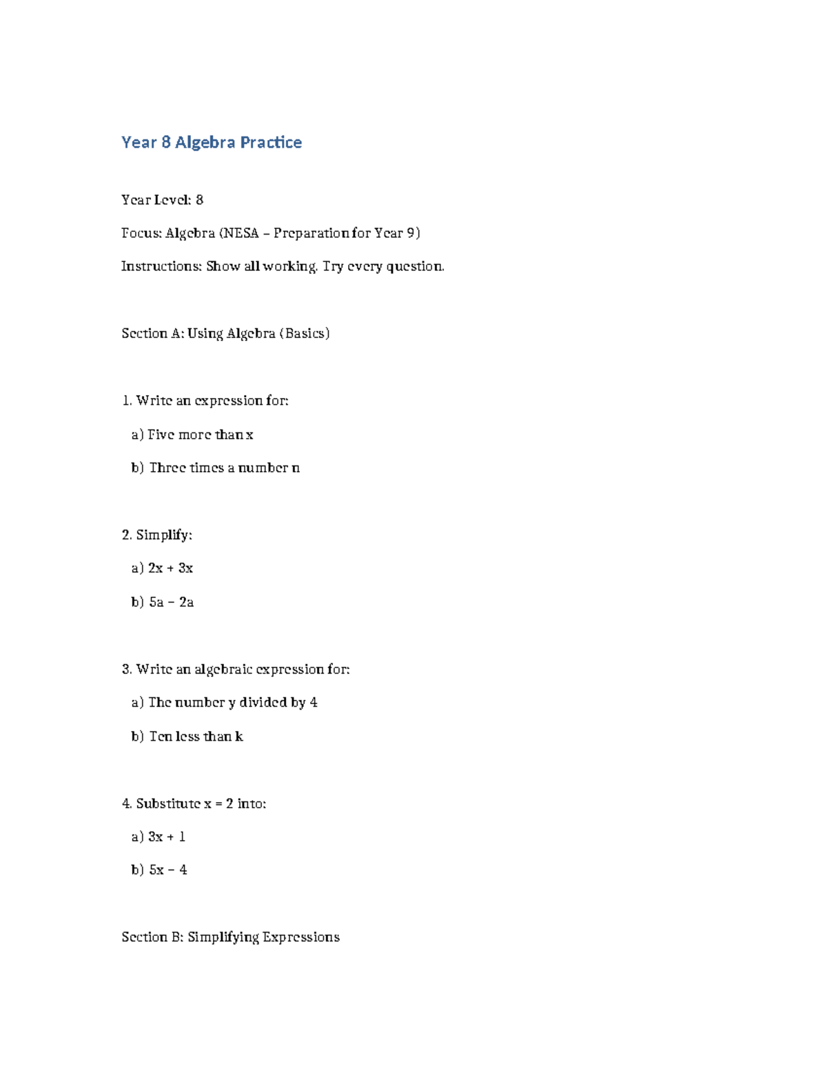 Year 8 Algebra Practice NESA DE: Prep for Year 9 Exam - Studocu