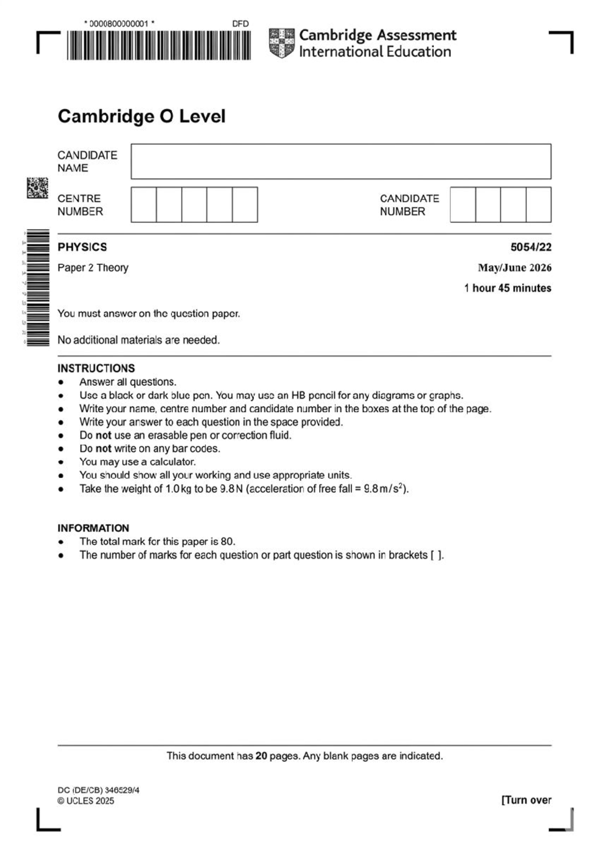 Cambridge O Level Physics Paper 2 Theory (5054) - 2026 Exam Guide - Studocu