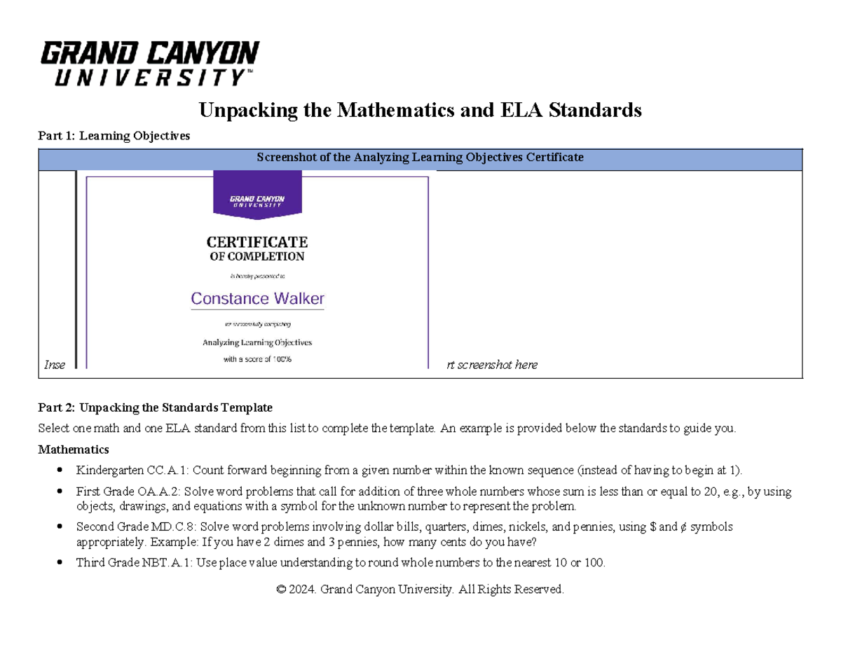 Unpacking the Math & ELA Standards: Learning Objectives Guide - Studocu