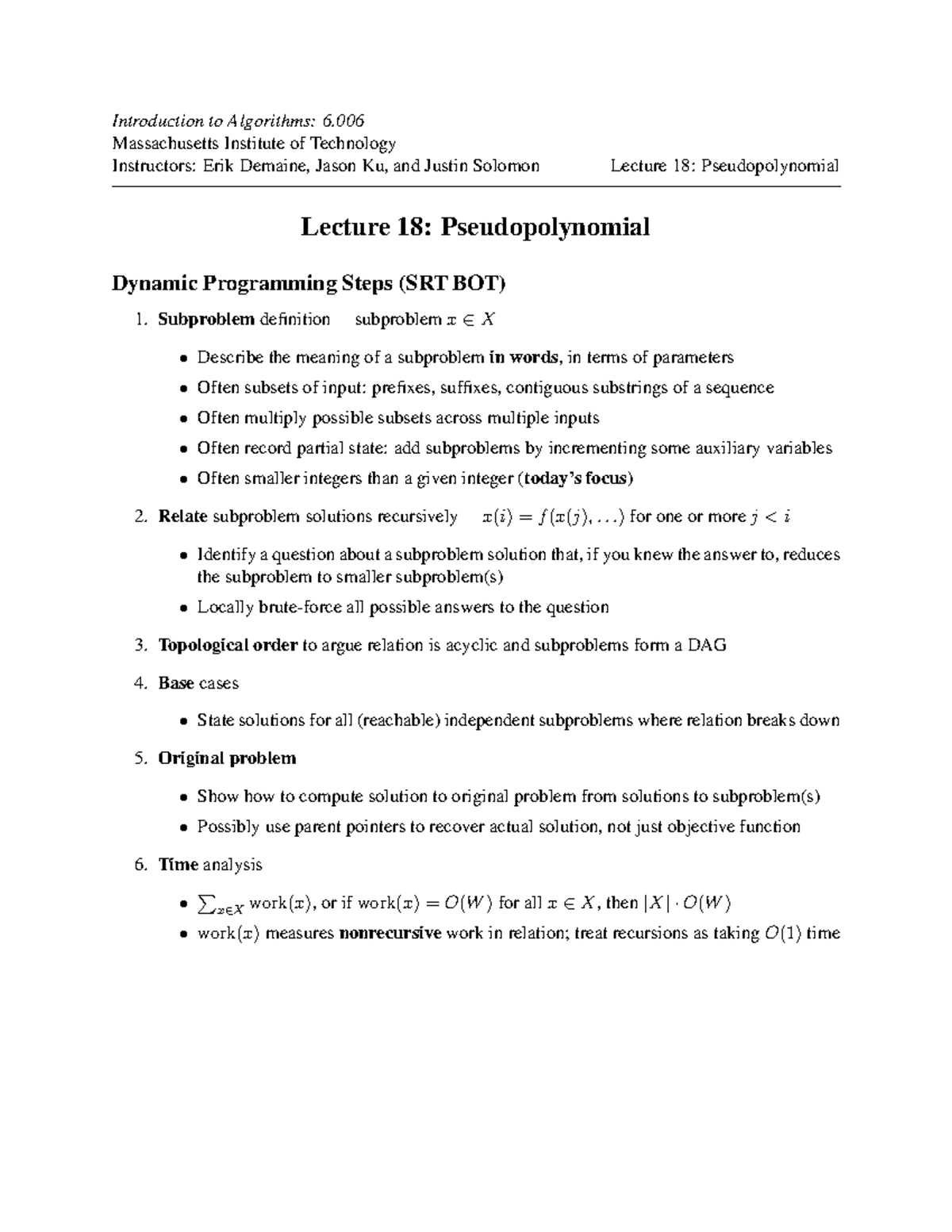 Algorithm lecture notes - Introduction to Algorithms: 6. Massachusetts ...