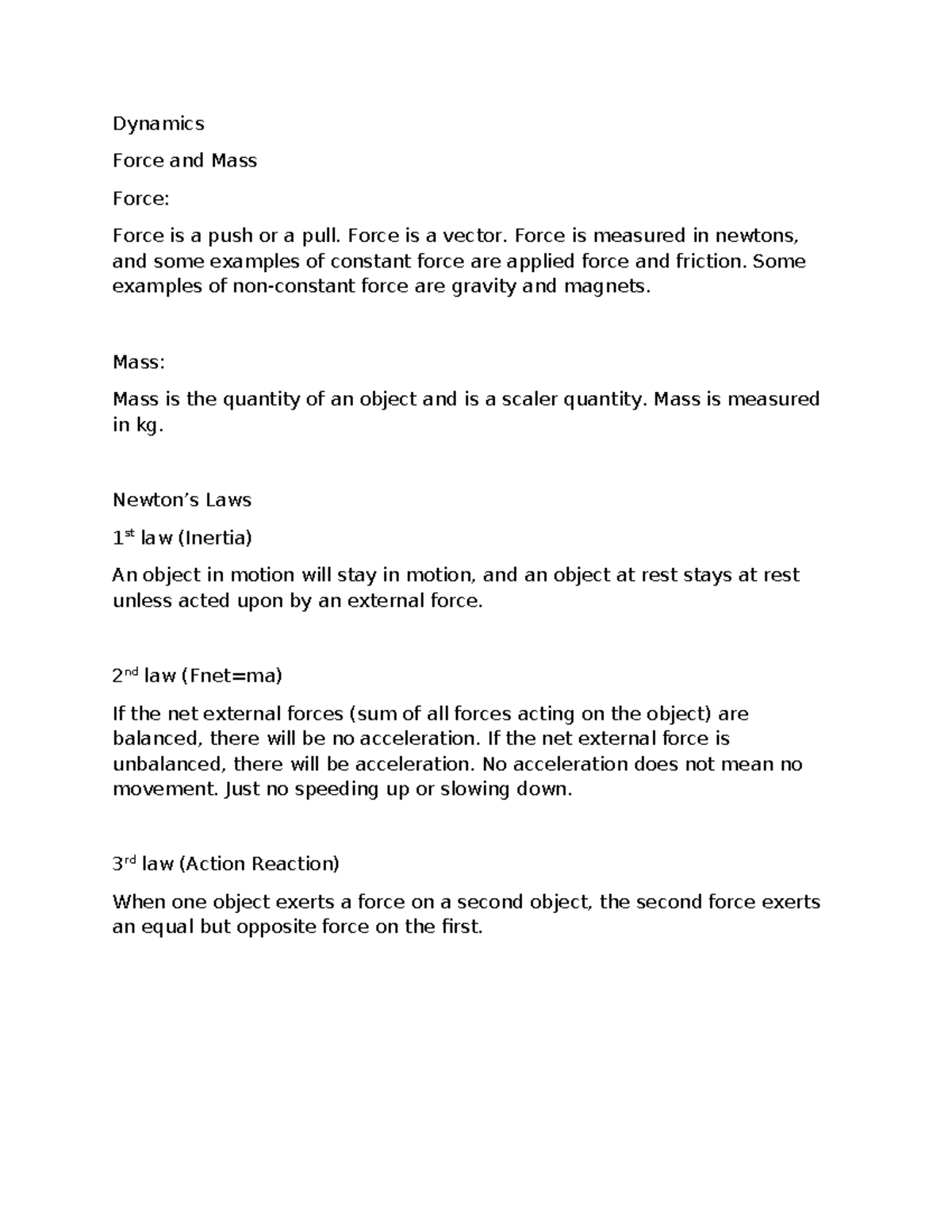 Physics Test: Understanding Force, Mass, and Newton's Laws - Studocu