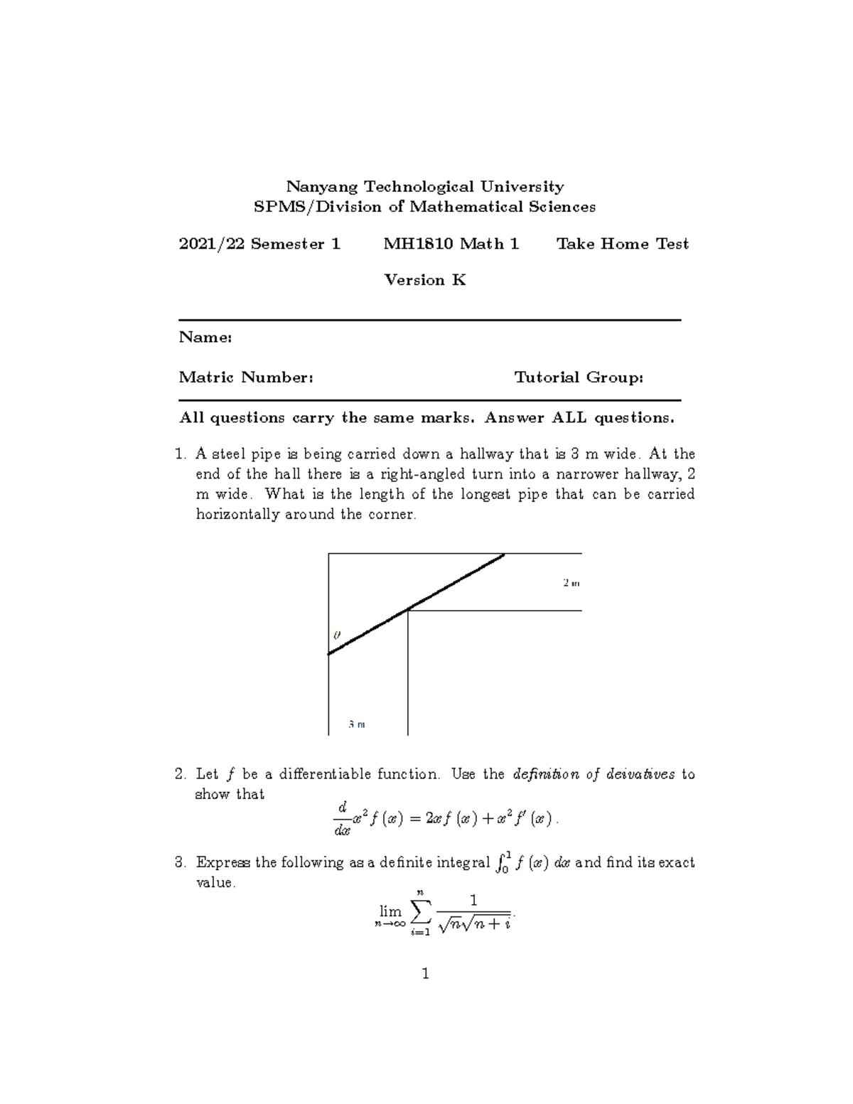MH1810 Take Home Test 2021 Version K with cover - Nanyang Technological ...
