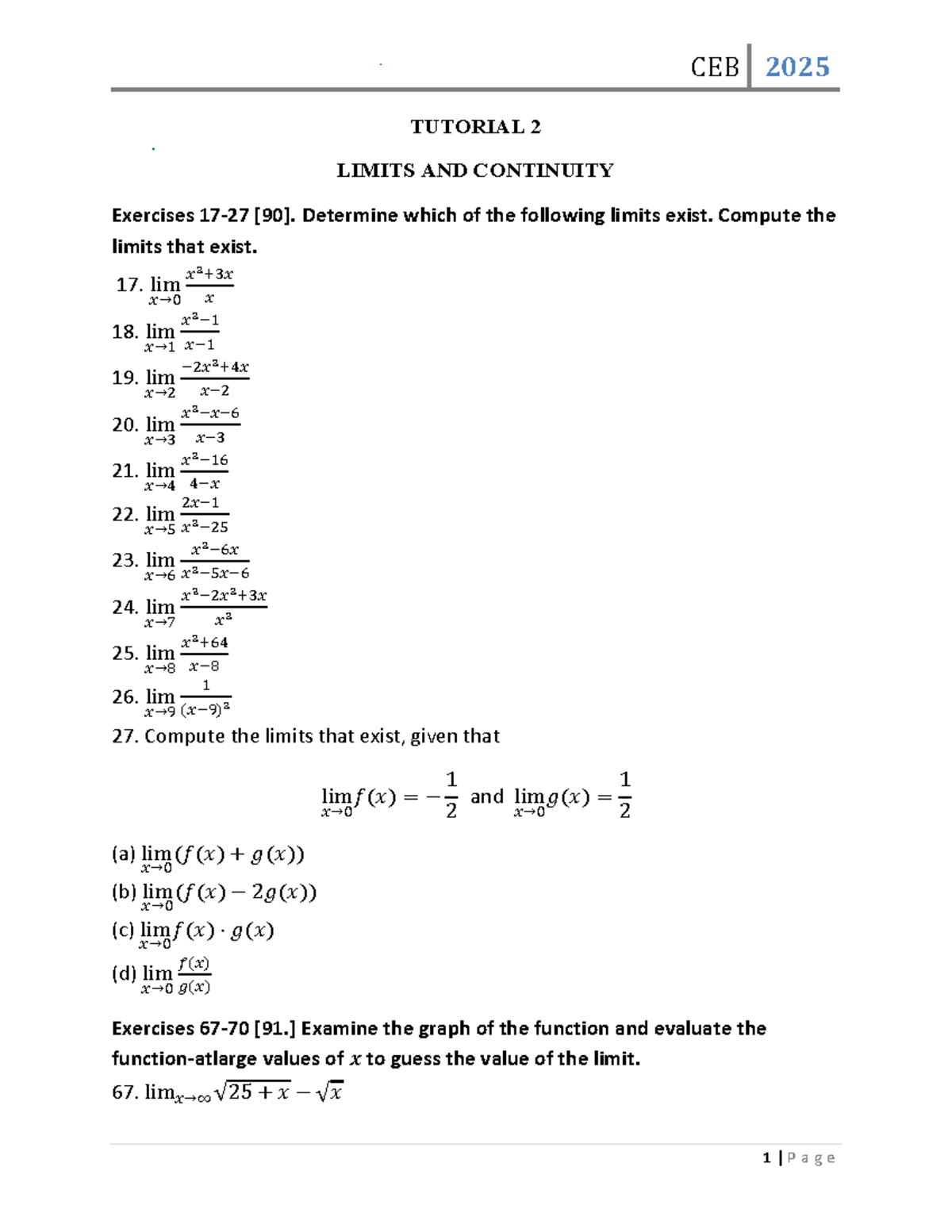 CEB 2025 TUTORIAL 2: Limits and Continuity Exercises - Studocu