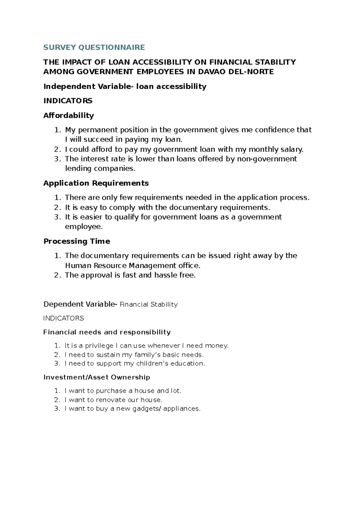 Survey Questionnaire: Impact of Loan Accessibility & Digital Payments ...