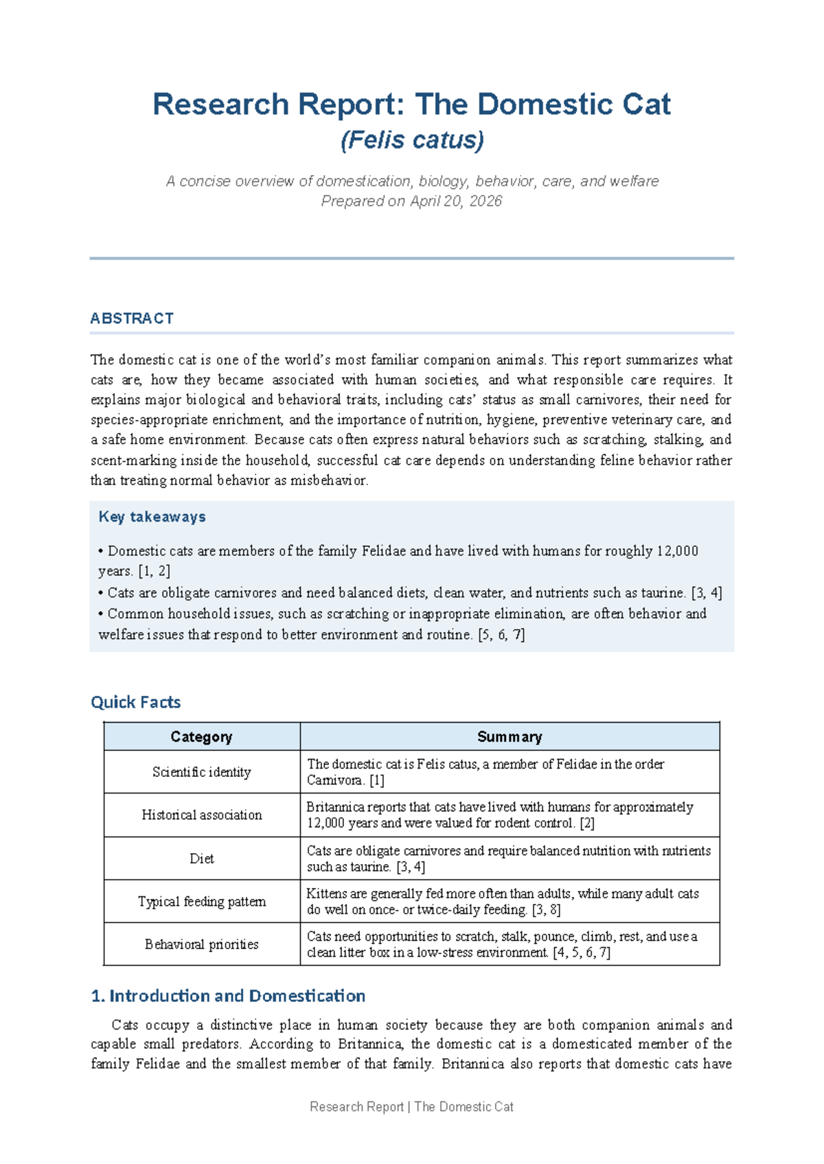 Research Report: The Domestic Cat (Felis catus) - Care, Behavior ...