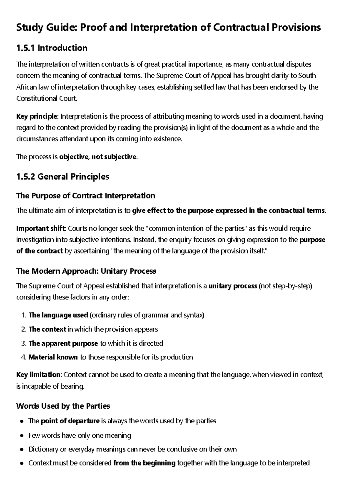 Study Guide: Proof & Interpretation of Contractual Provisions (LAW 1.5. ...