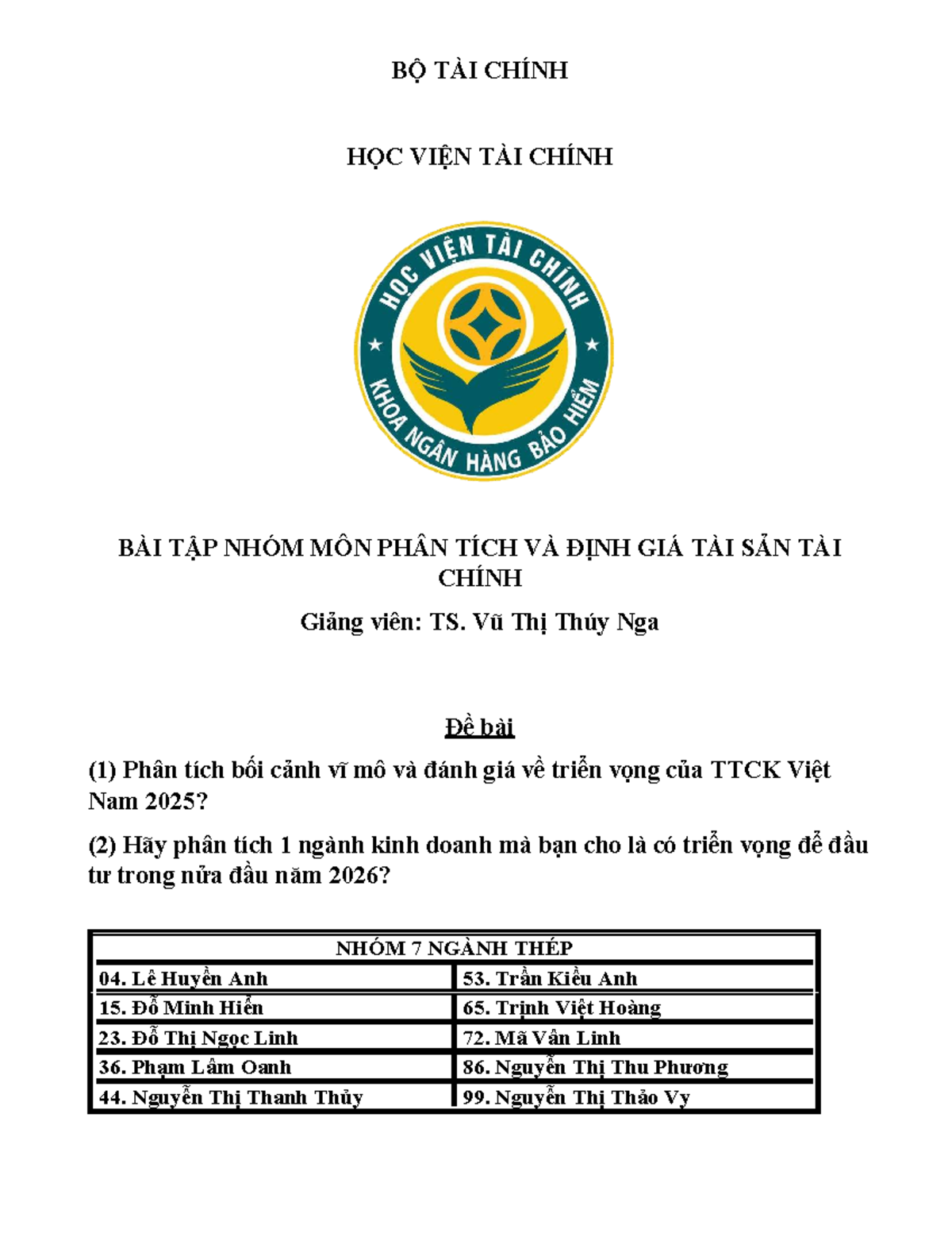 BÀI TẬP NHÓM 7 - PHÂN TÍCH VÀ ĐỊNH GIÁ TÀI SẢN TÀI CHÍNH - Studocu