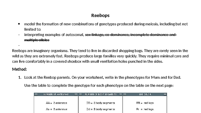 12 Reebops - Meiosis & Genotype Combinations in Bio - Studocu
