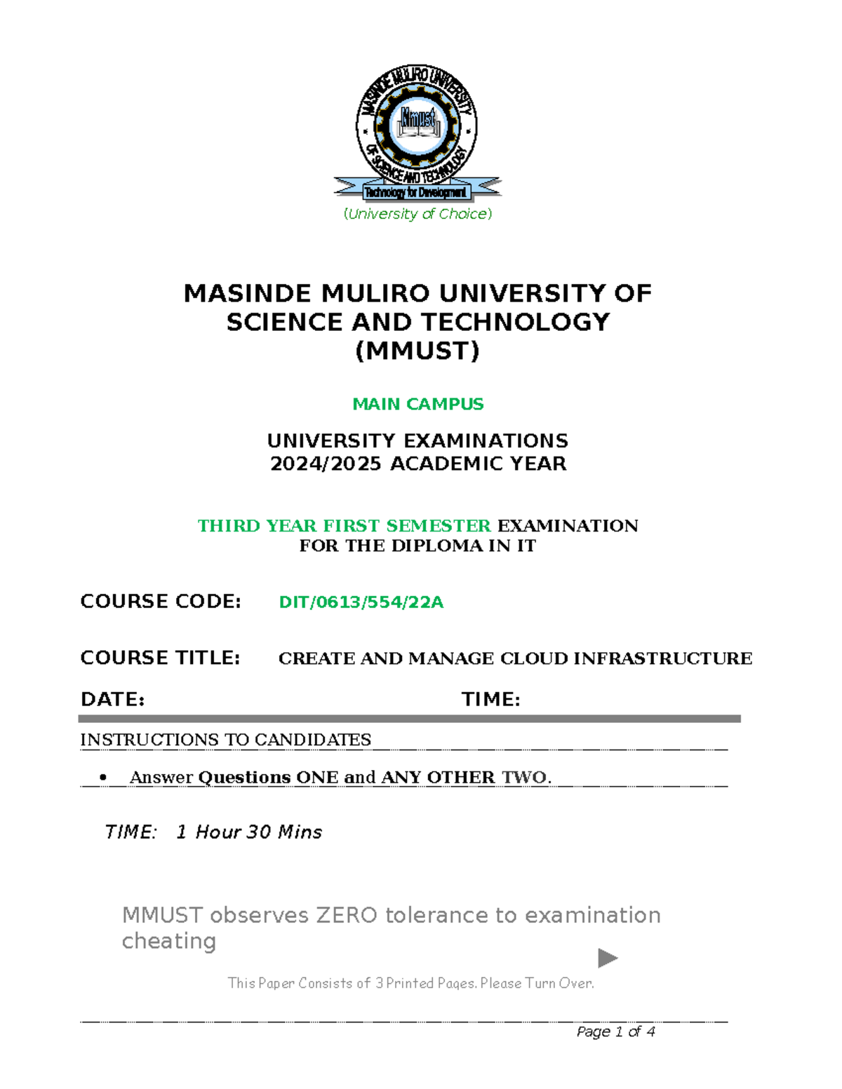 MMUST IT Diploma Exam: Create and Manage Cloud Infrastructure - Studocu