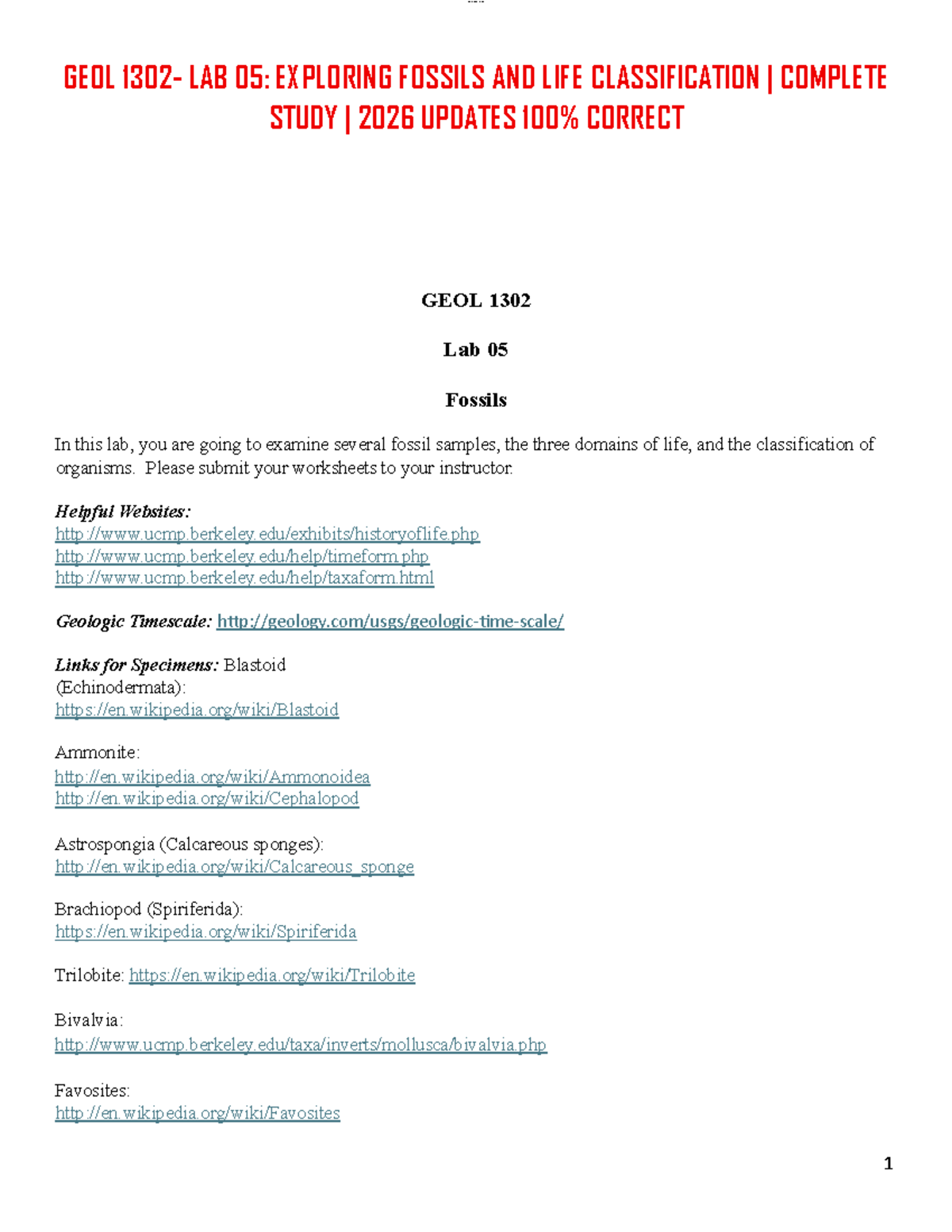 GEOL 1302 Lab 05: Fossils and Life Classification Study Guide - Studocu
