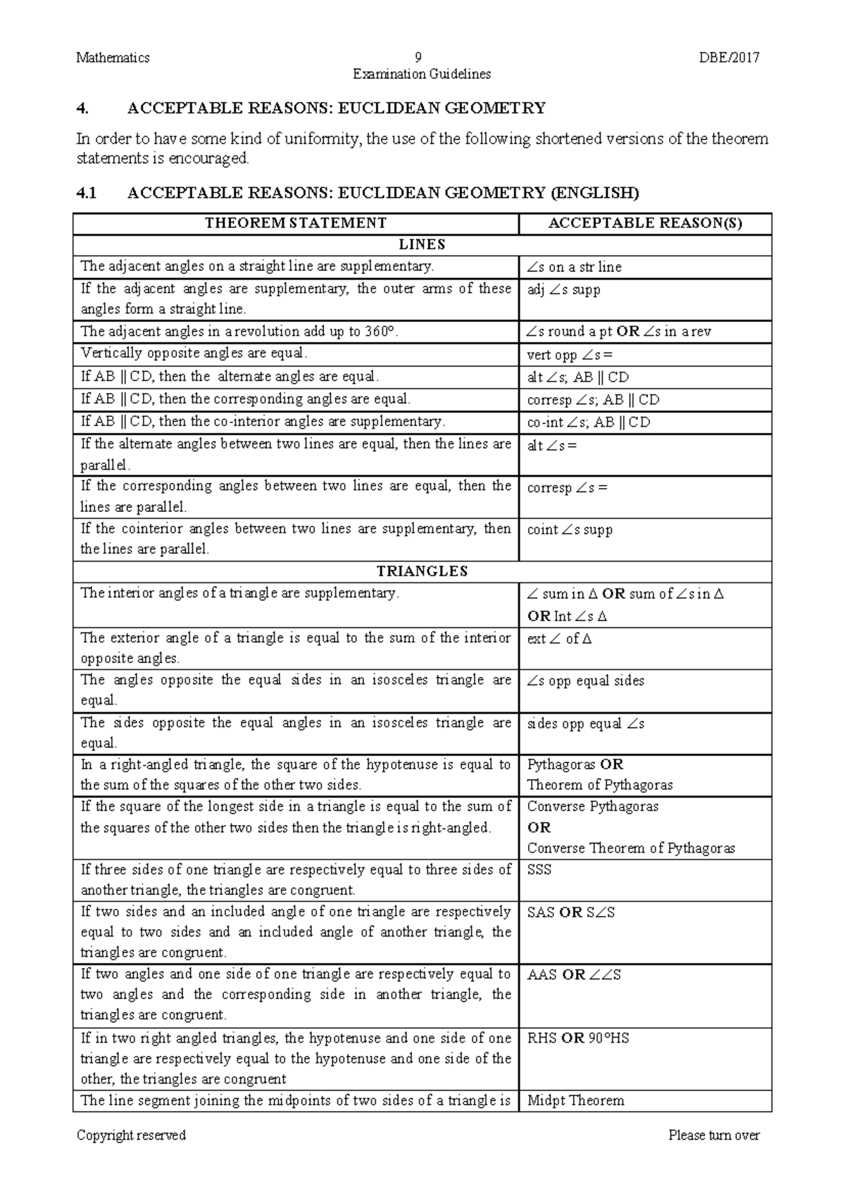 Mathematics 9 DBE/2017 Geometry Reasoning Guide - Studocu