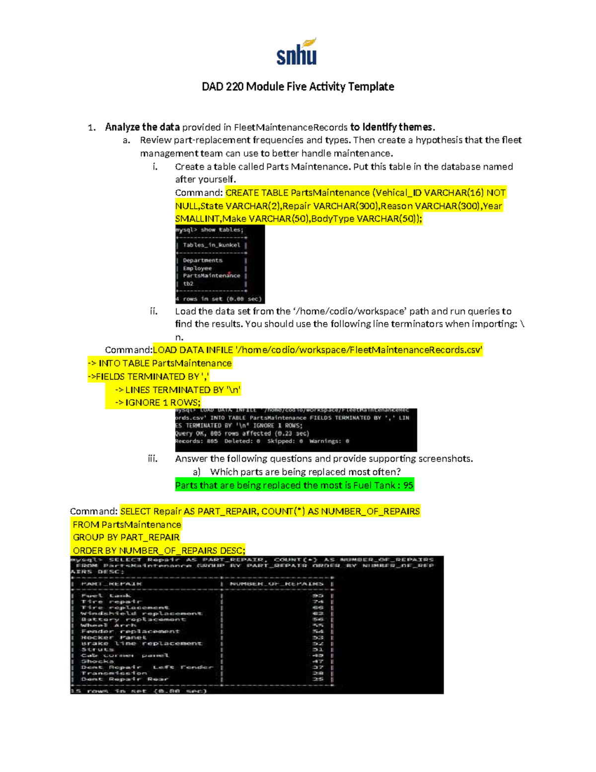 DAD 220 Module 5 Activity: Fleet Maintenance Data Analysis and Trends - Studocu