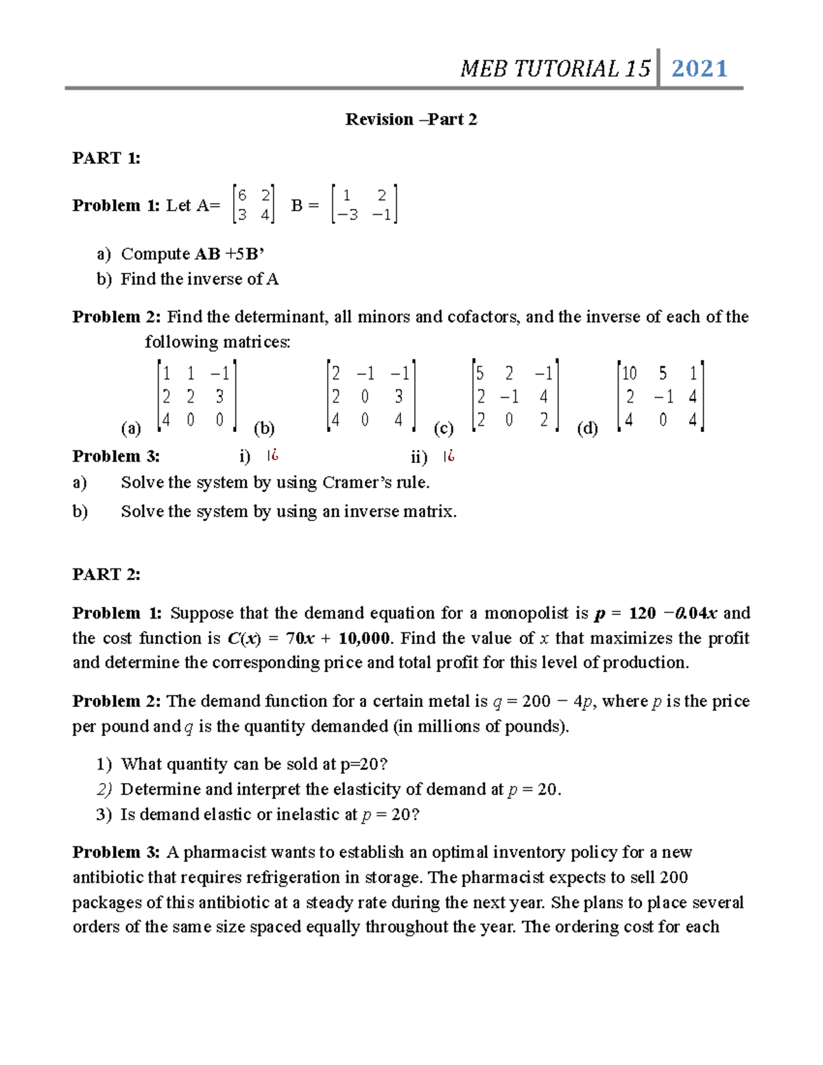 MEB 2021 TUT 15 - TUT 15 MEB - MEB TUTORIAL 15 2021 Revision –Part 2 ...