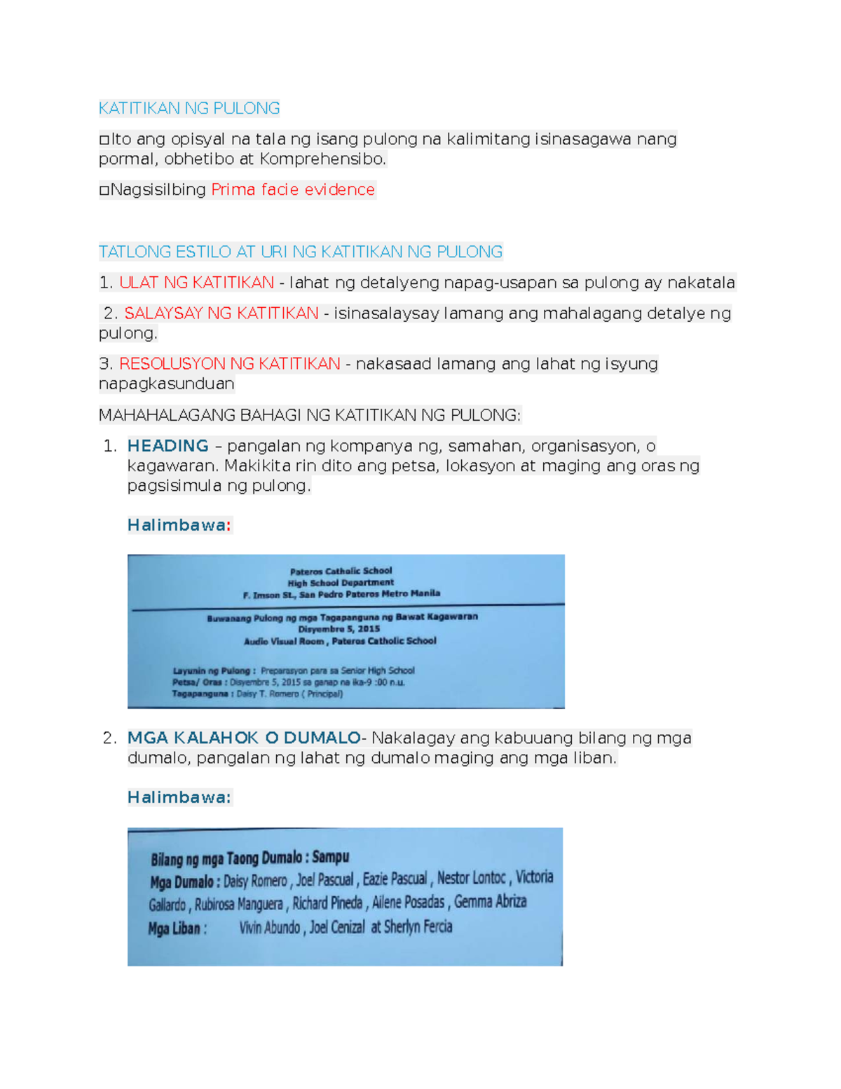 Katitikan ng Pulong Reviewer: Mga Estilo at Mahahalagang Bahagi - Studocu