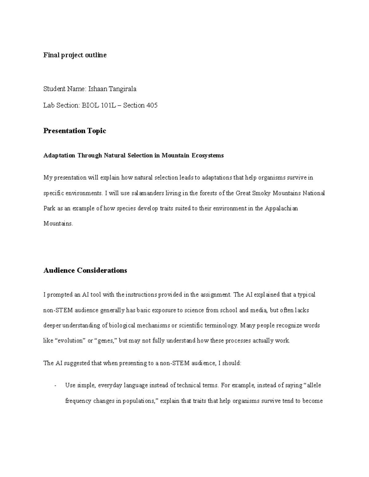 BIOL 101L Final Project Outline: Adaptation & Natural Selection - Studocu
