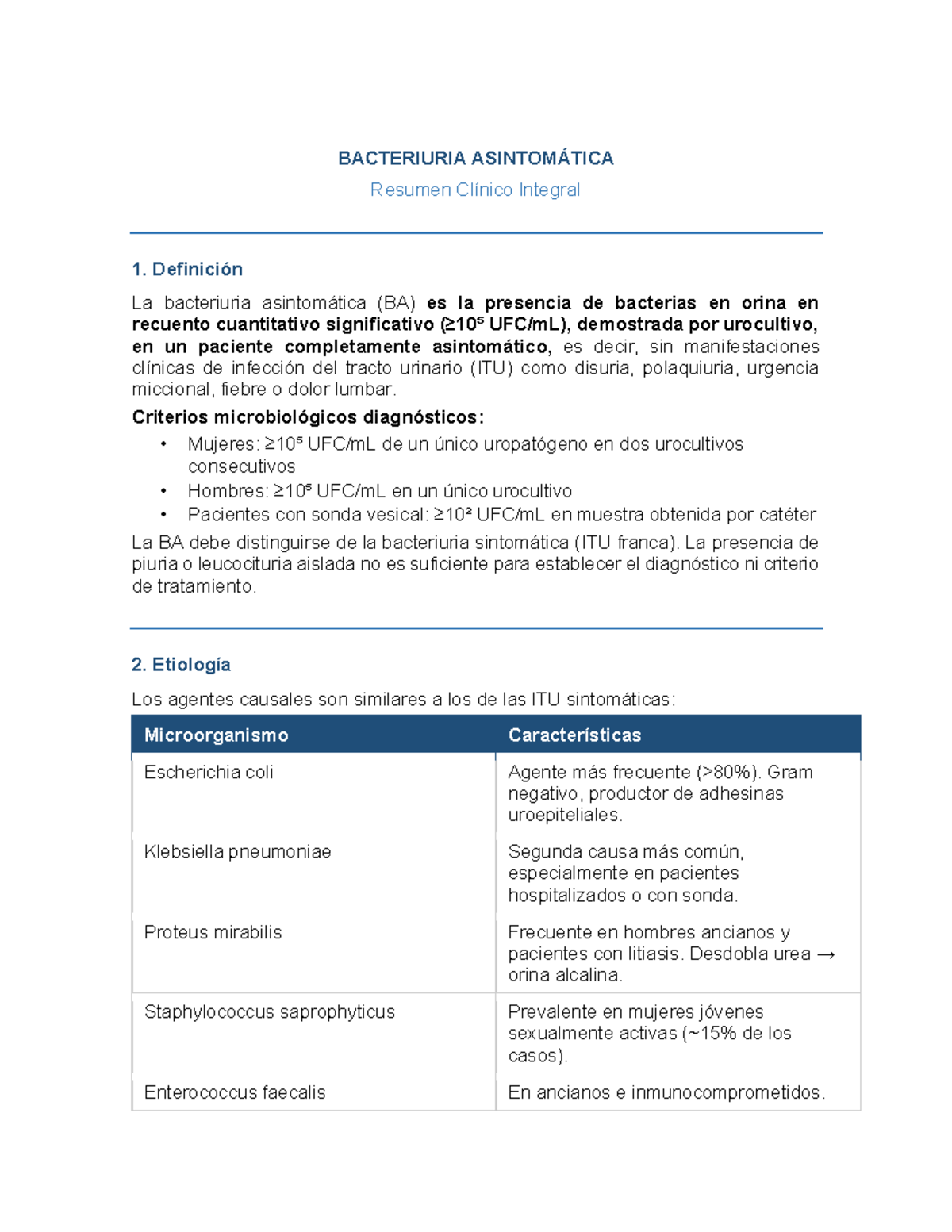 BACTERIURIA ASINTOMÁTICA: Resumen Clínico y Tratamiento - Studocu
