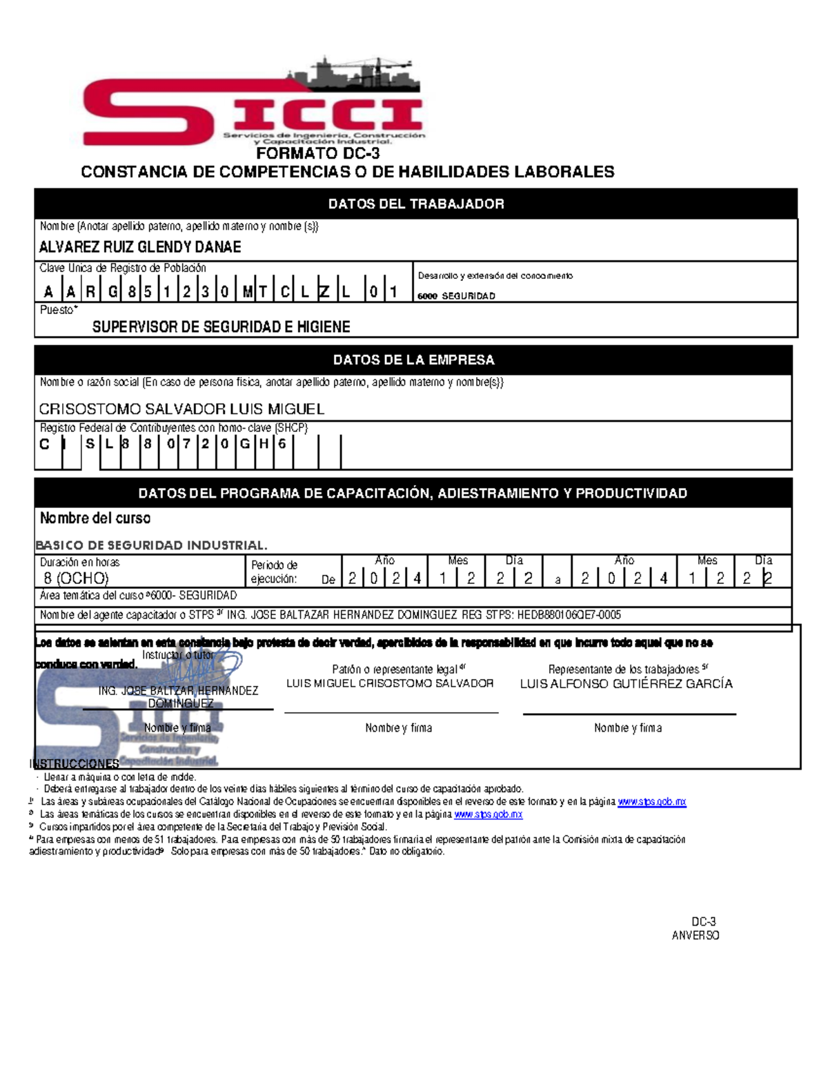 Basico DE SEG - informe - DC- 3 ANVERSO FORMATO DC- 3 CONSTANCIA DE ...