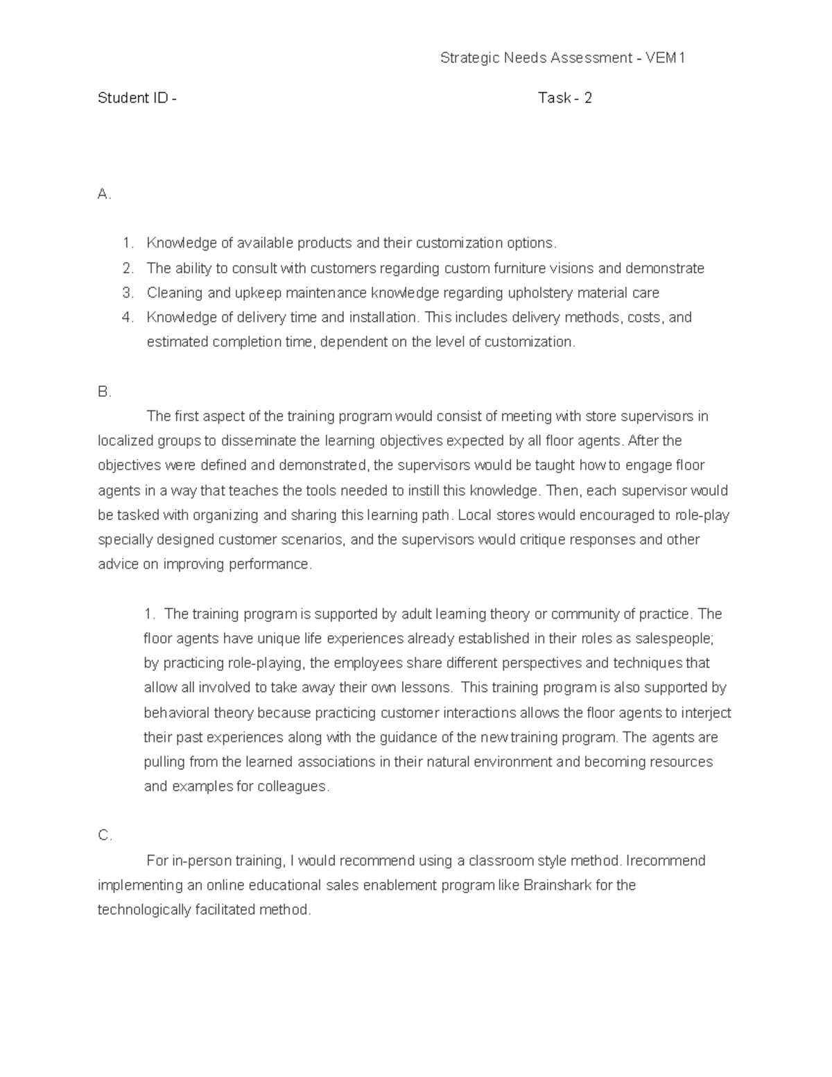 VEM1 Task 2 - Strategic Needs Assessment for Sales Training Program ...