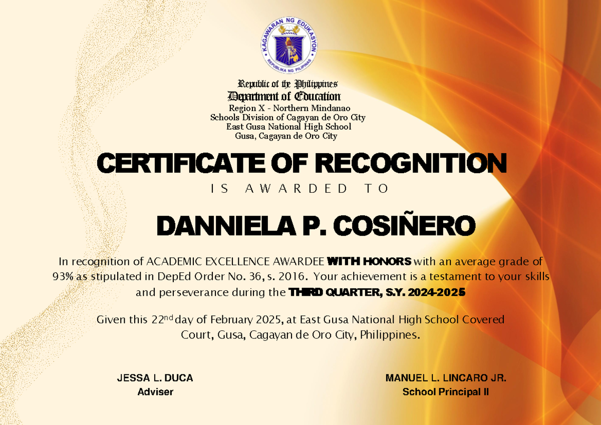 3RD Quarter Certificate of Recognition for Academic Excellence - Studocu