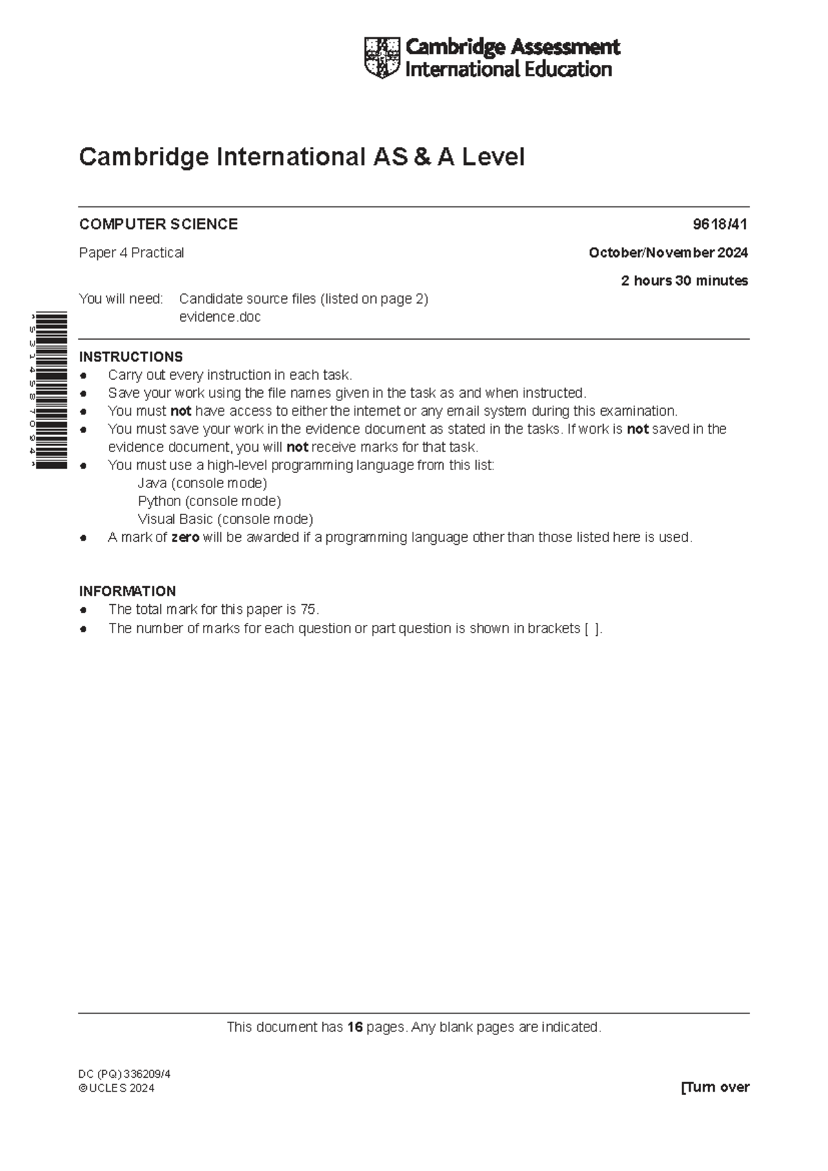 Cambridge International AS & A Level Computer Science 9618 W24 Paper 4 Past Papers - Studocu