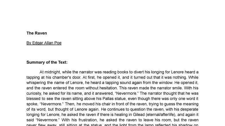 Literary Text Analysis: Edgar Allan Poe's "The Raven" Summary - Studocu