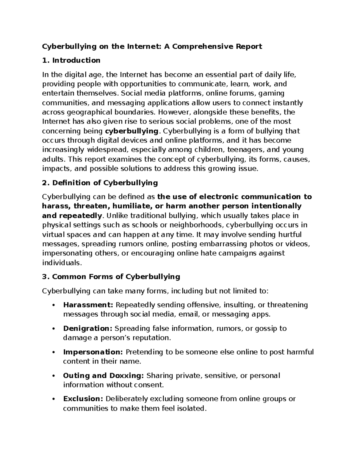 Cyberbullying on the Internet: A Comprehensive Study Report - Studocu