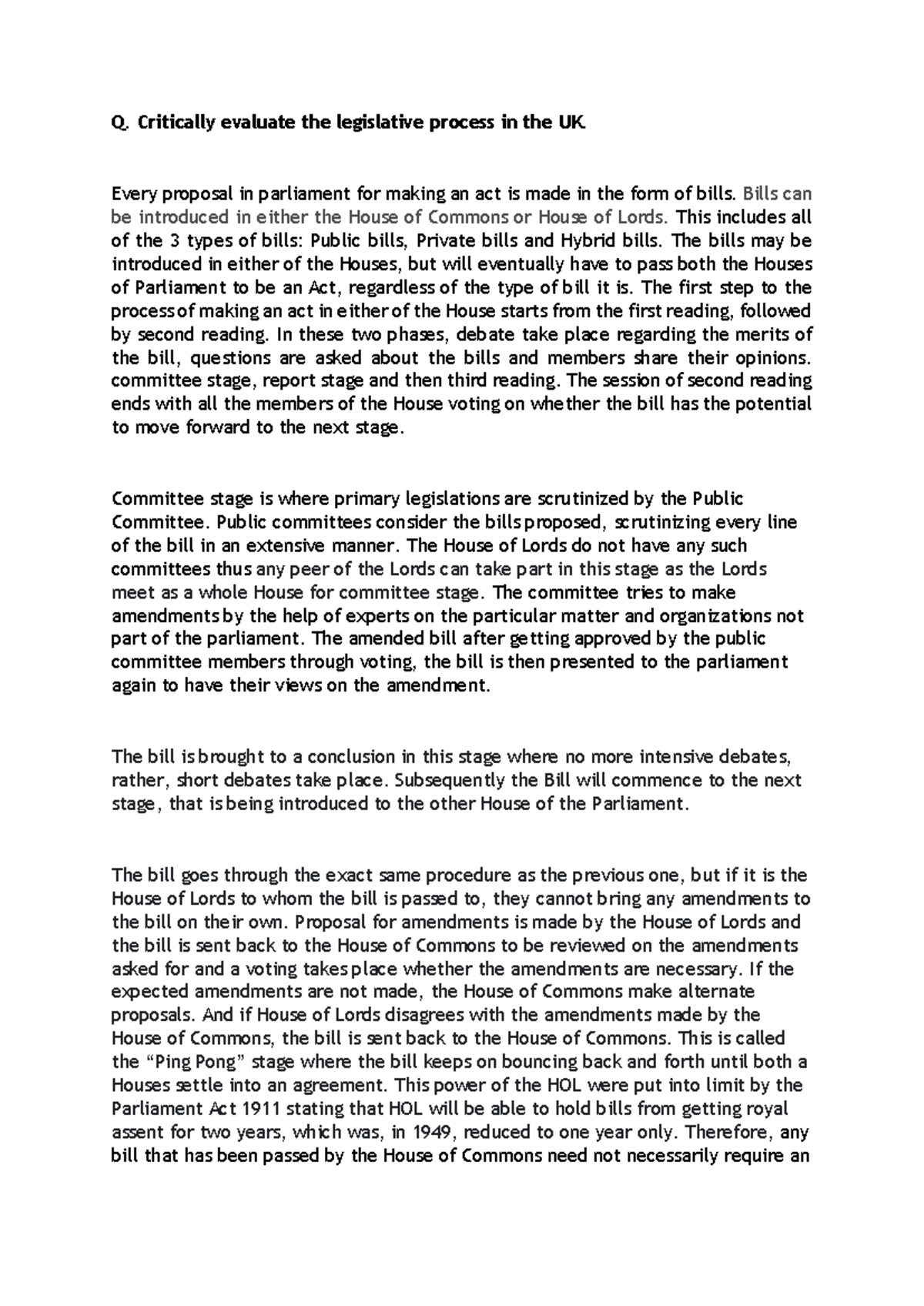 Parliamentary Law Making Process: A Critical Evaluation - Studocu