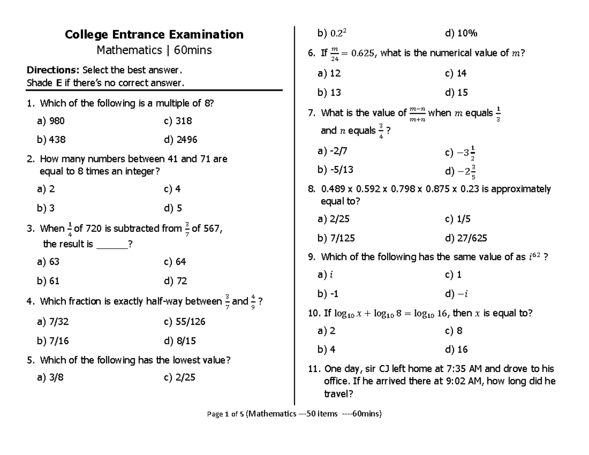 SET1 Math - Mock Exam Questions and Answers - Studocu