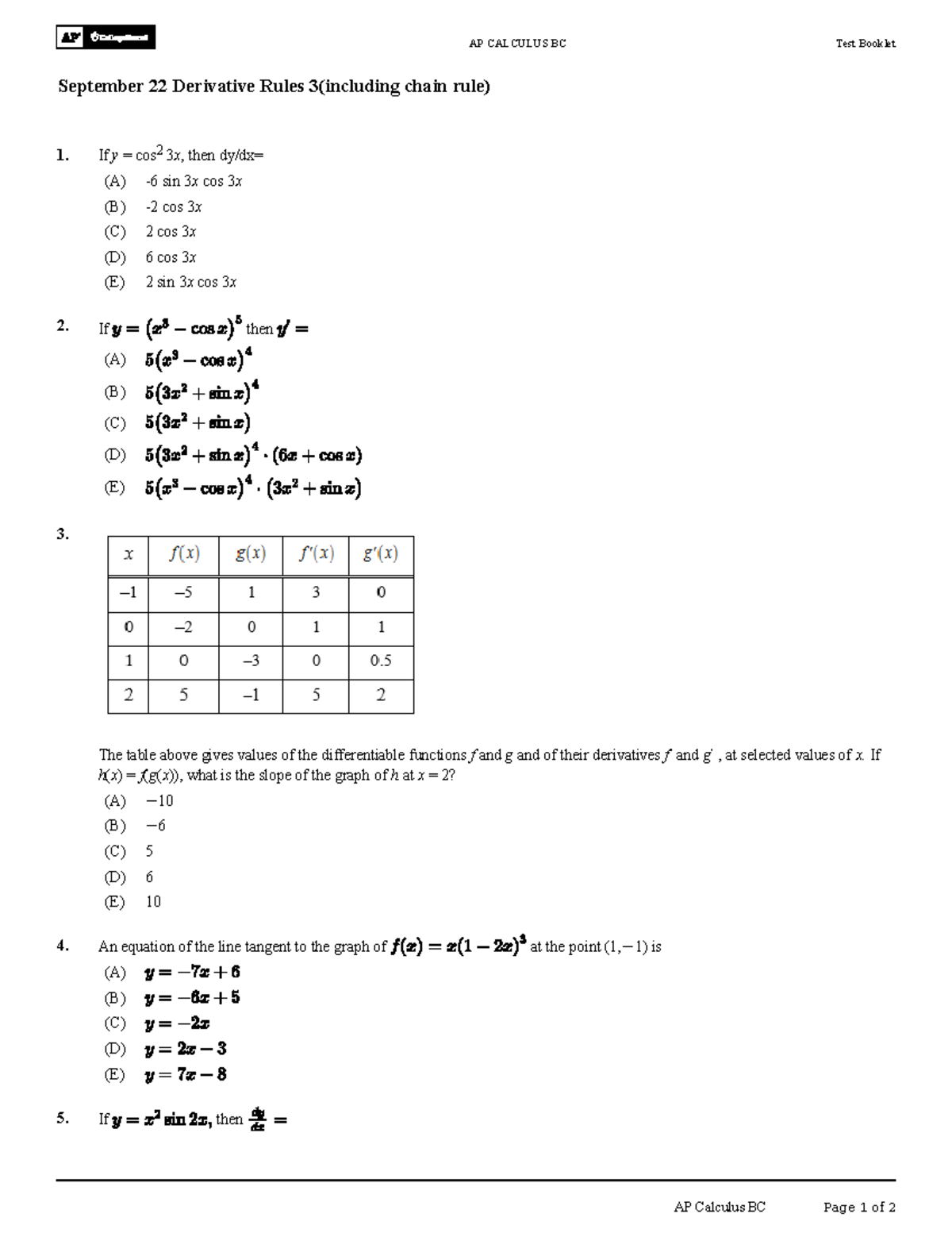 AP CALCULUS BC Derivative Rules Test Booklet - Sep 22 - Studocu