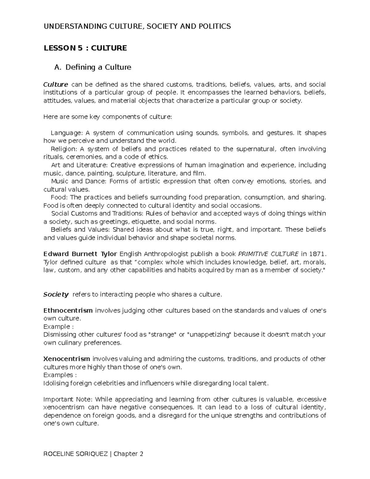 SOC - G11 Lesson 5: Understanding Culture and Society - Studocu