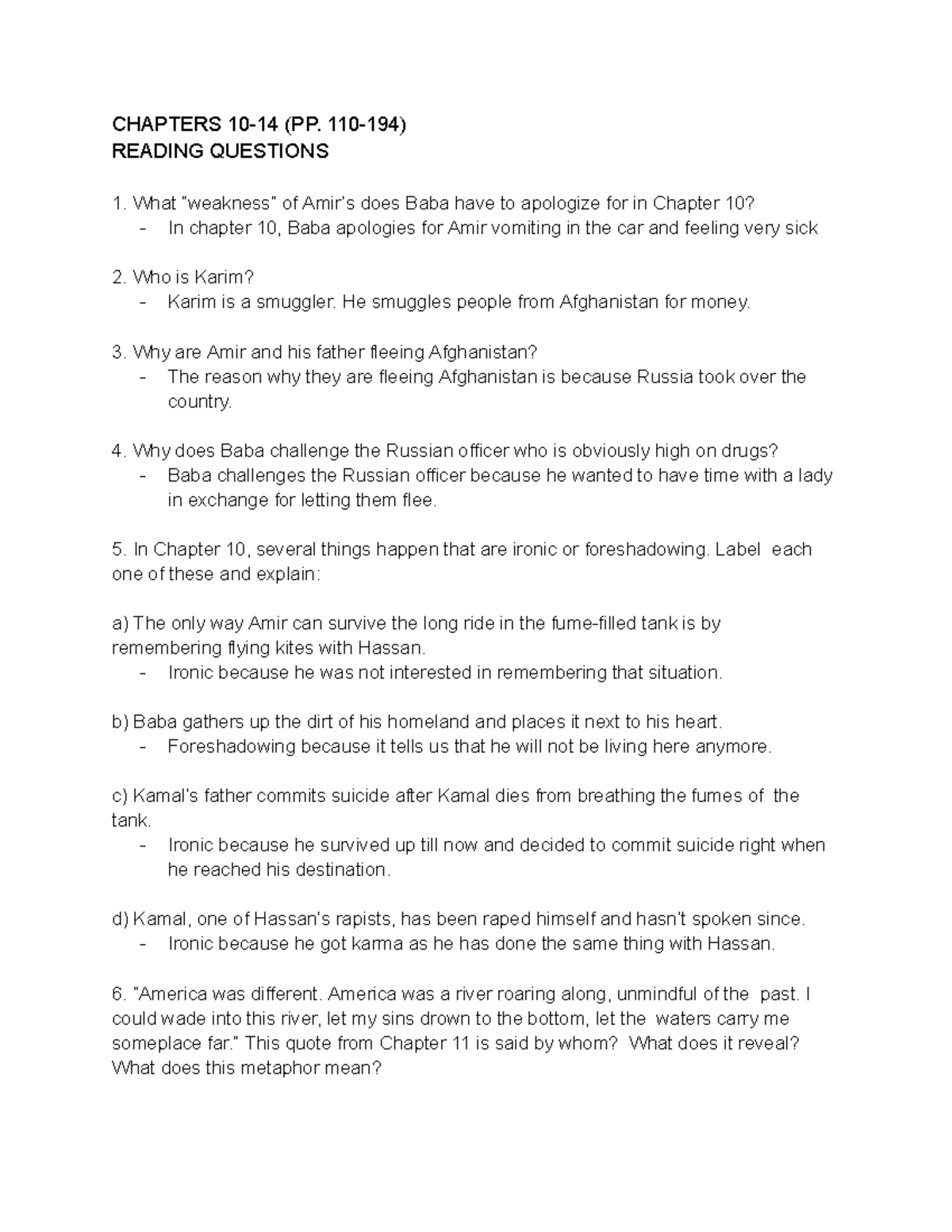 Chapter 10-14 The Kite Runner book questions and answers - CHAPTERS 10 ...