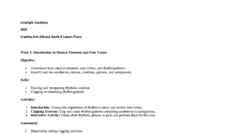 Creative Arts (Music) Grade 8 Lesson Plan: Comprehensive Overview - Studocu